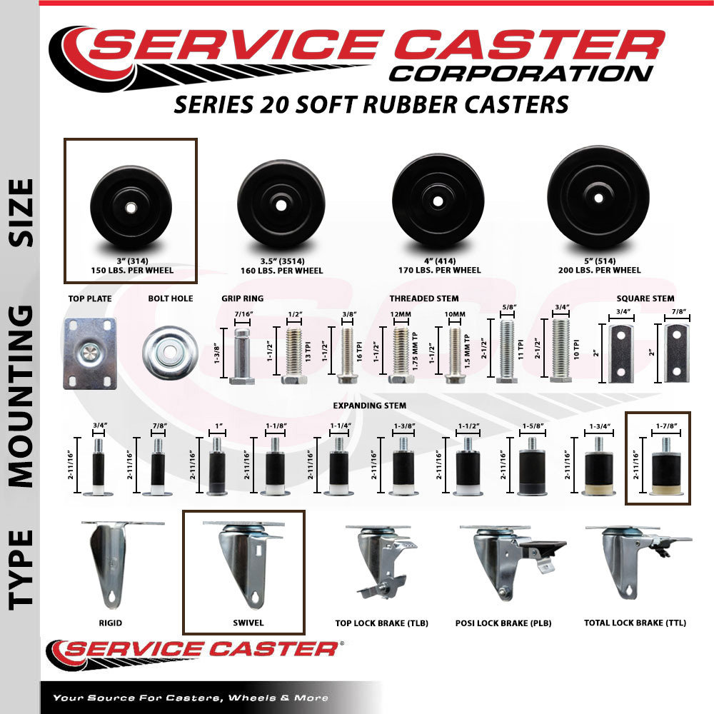 Service Caster 3 Inch Soft Rubber Wheel Swivel 1-7/8 Inch Expanding ...