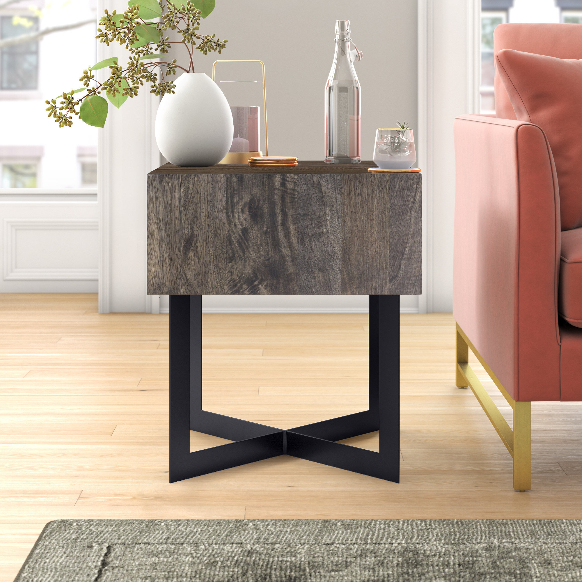 Millwood Pines Gintare Solid Wood Cross Legs End Table with Storage ...