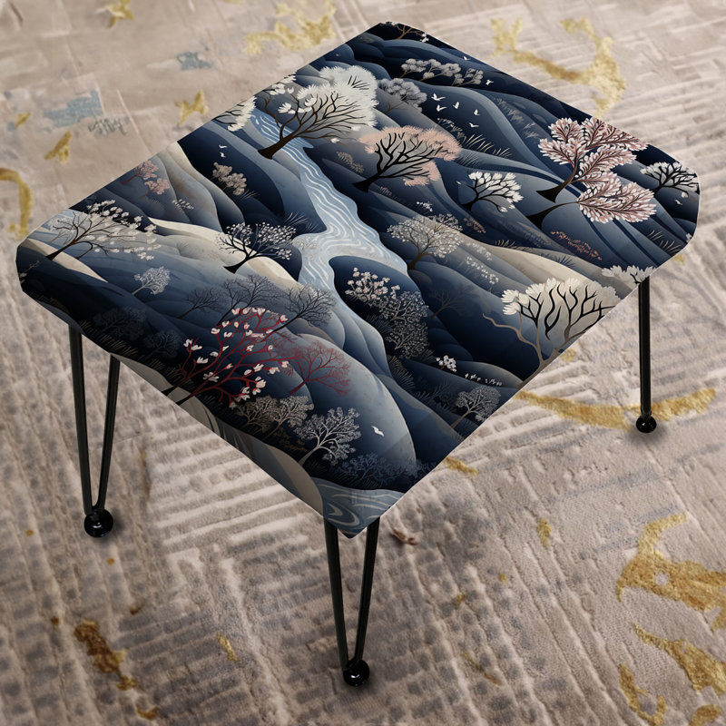 Design Art Dark Blue Scandinavian Pattern - Floral Rectangle Ottoman ...
