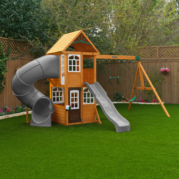 KidKraft Sterling Falls Wooden Outdoor Swing Set with Slide and Rock ...