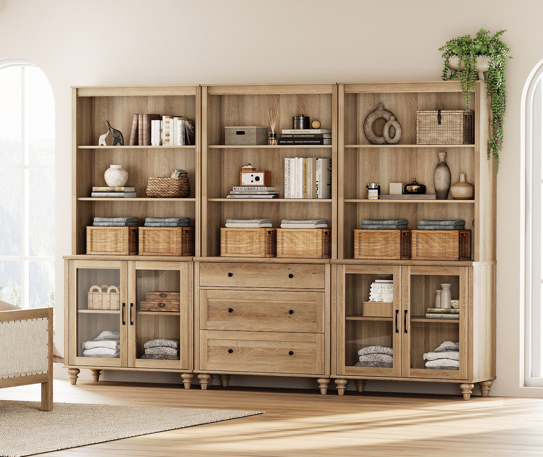 Charlton Home® Scarlett Bookcase With Drawers And Glass Cabinets, Tall ...