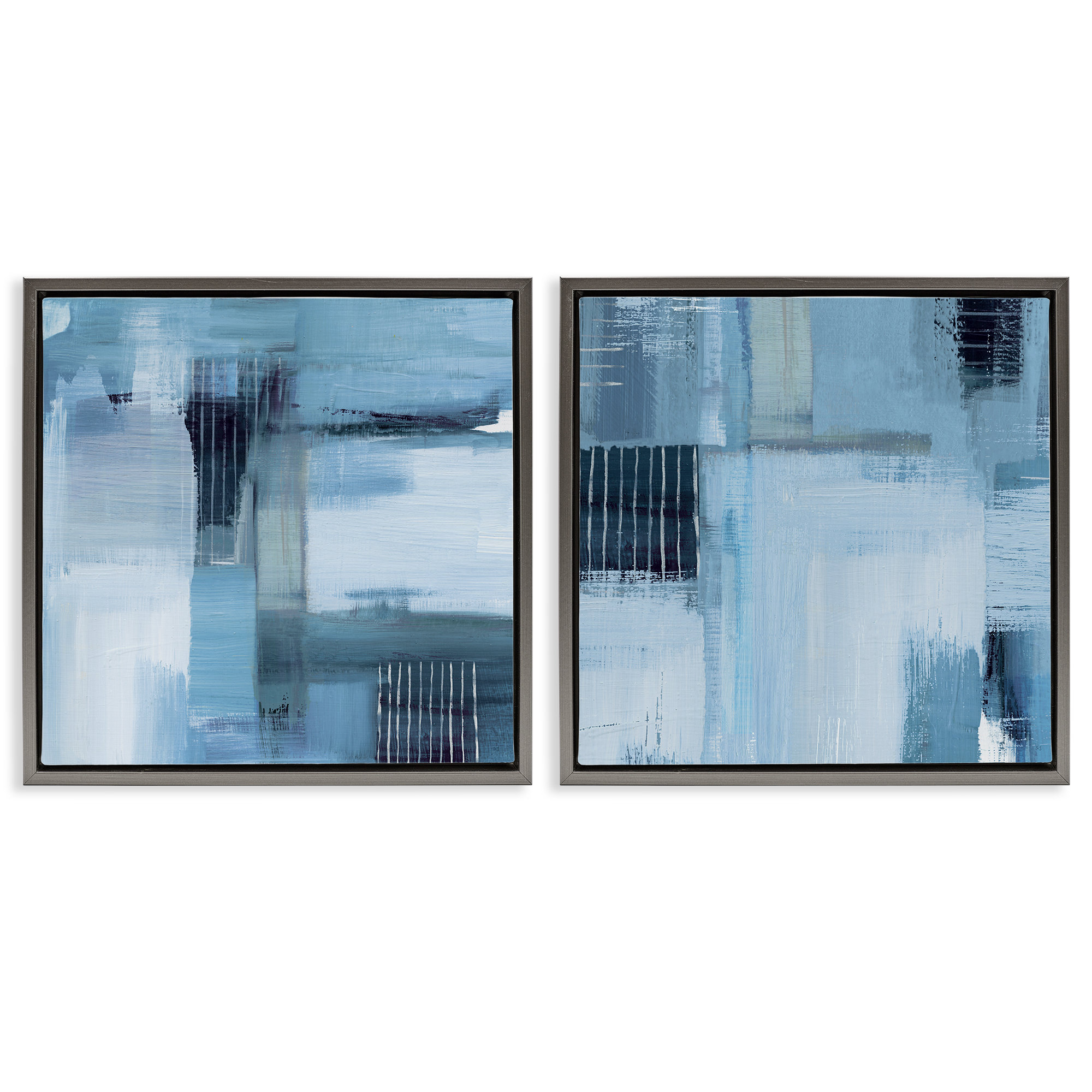 Ivy Bronx Blue Abstract Linear Details 2 PC Framed Floater Canvas Set ...