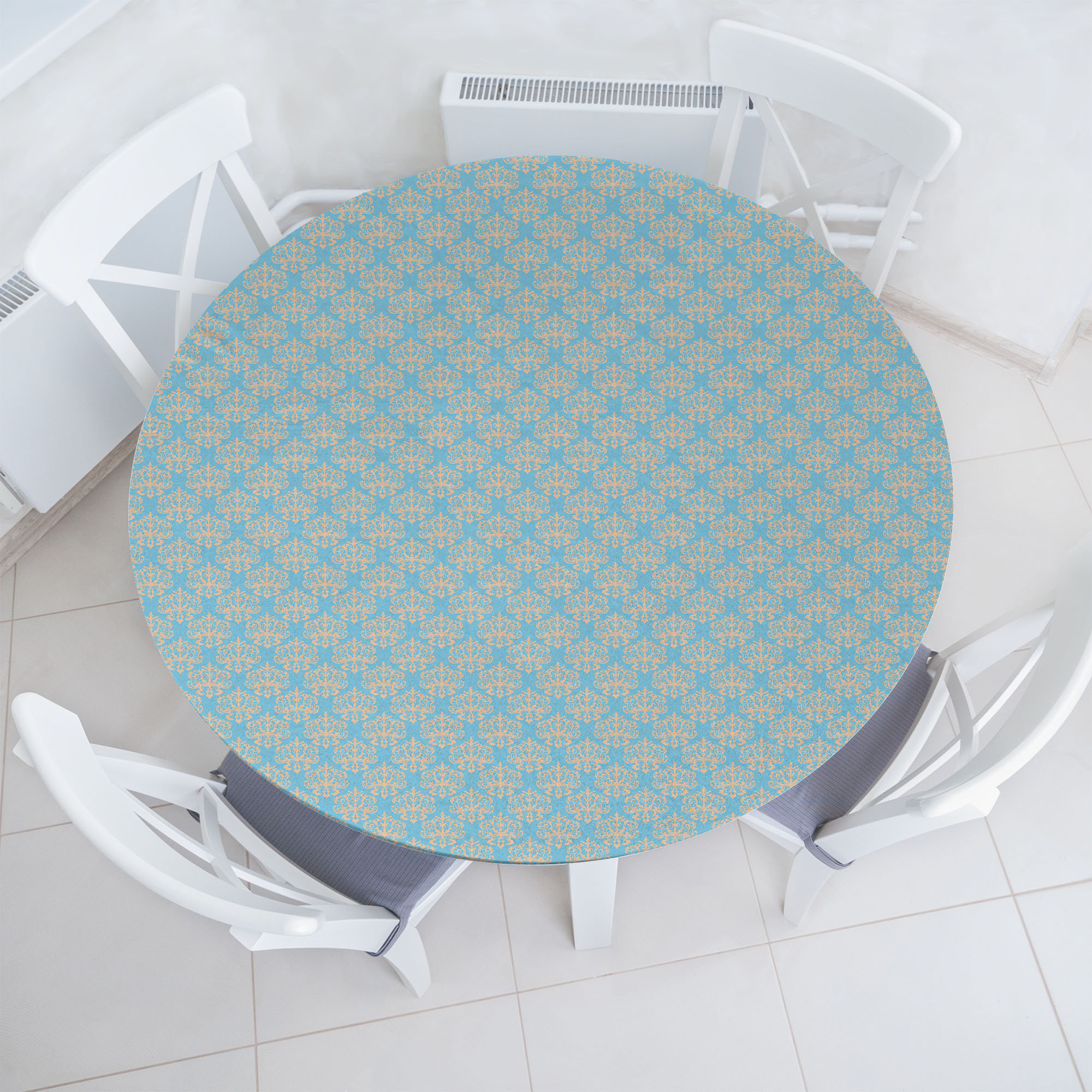 Ebern Designs Vintage Fitted Round Tablecloth Deep Sky Blue Ecru | Wayfair