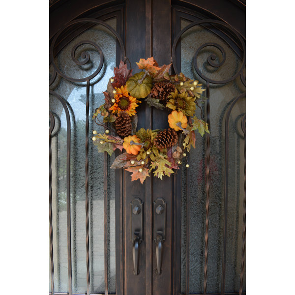 The Holiday Aisle® 24 Inch Artificial Fall Pumpkin Sunflowers Wreath ...