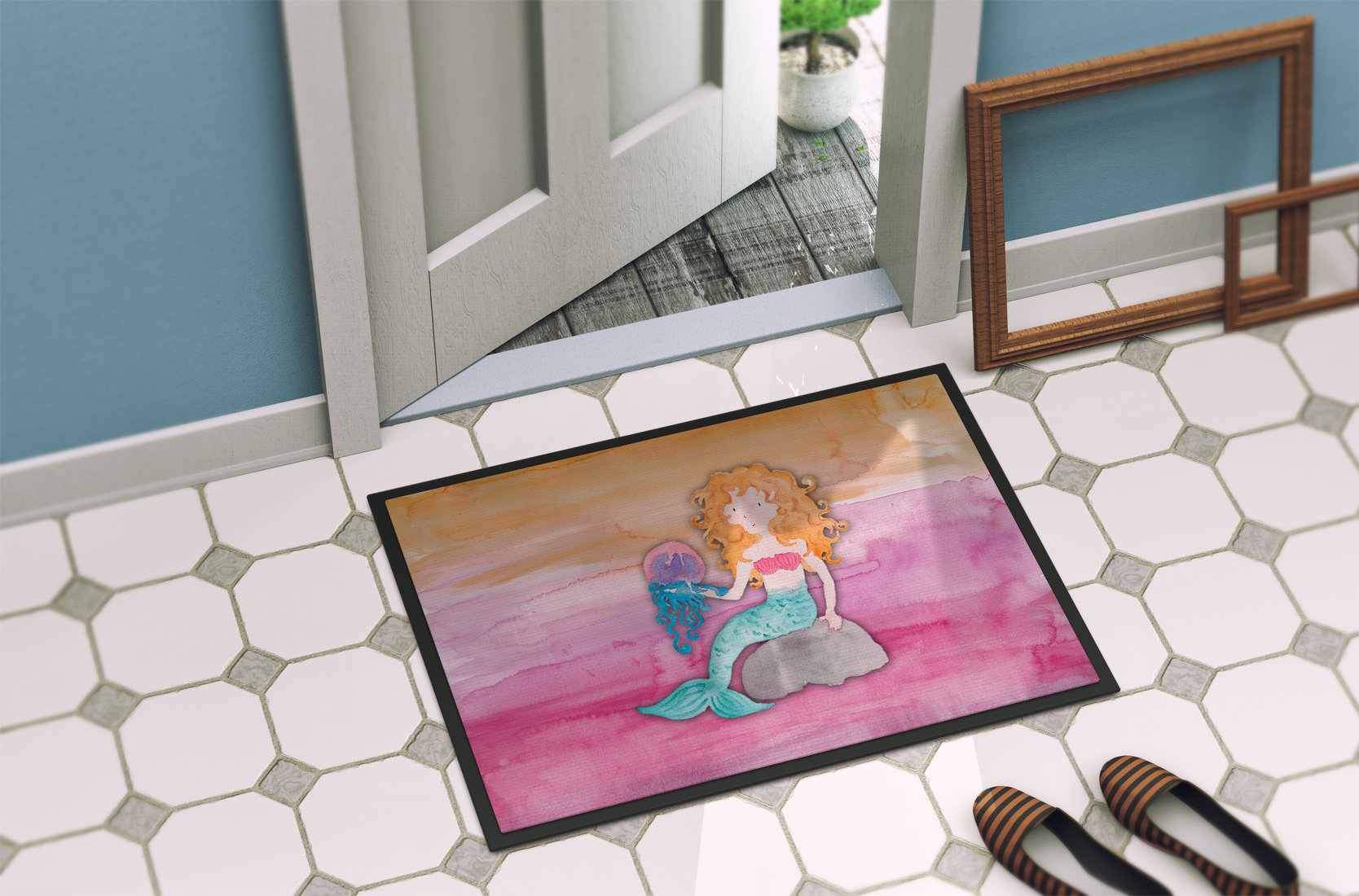 East Urban Home Blonde Mermaid Watercolor Non-Slip Outdoor Door Mat ...