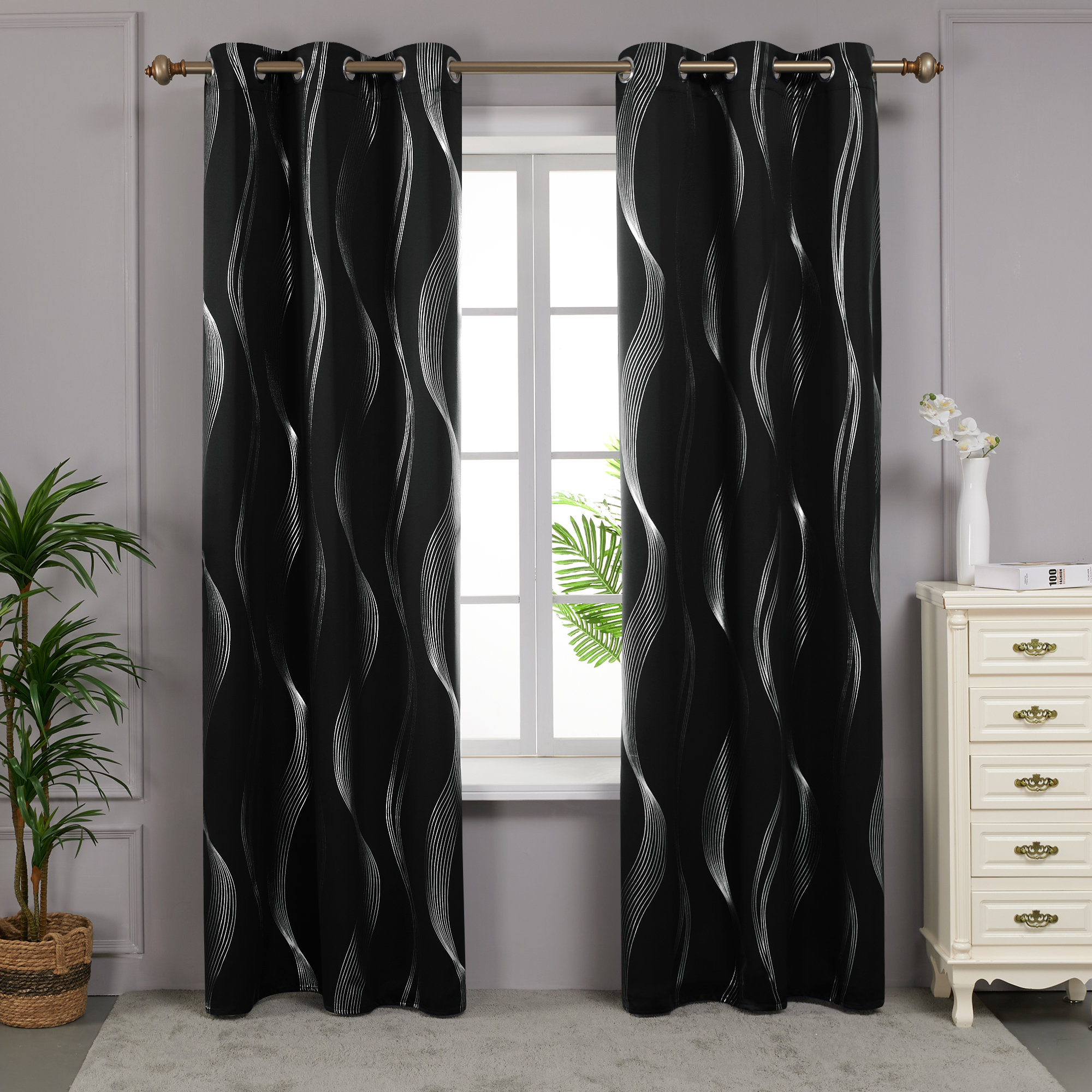 Deconovo Foil Print Wave Pattern Grommet Top Blackout Curtains (Set of ...