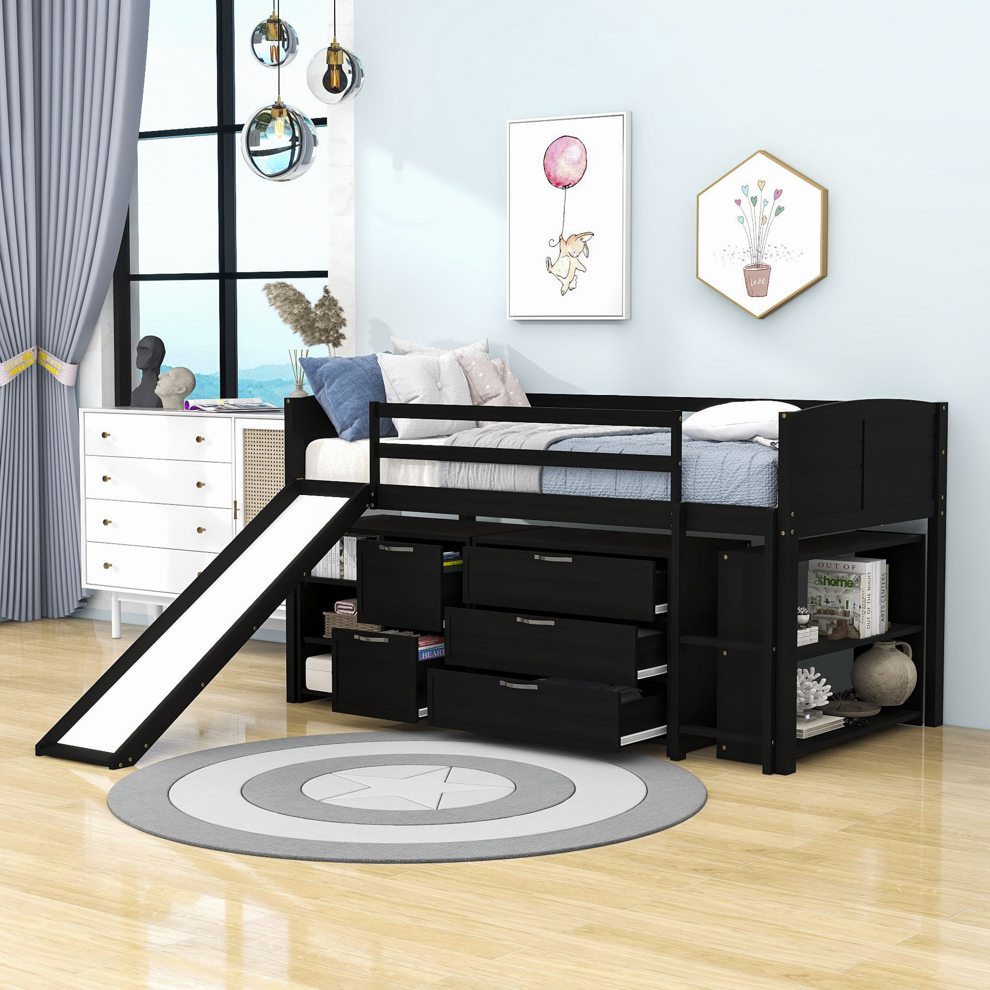 Harriet Bee Helmy Kids Low Twin 5 Drawers Wood Loft Bed with Shelves ...