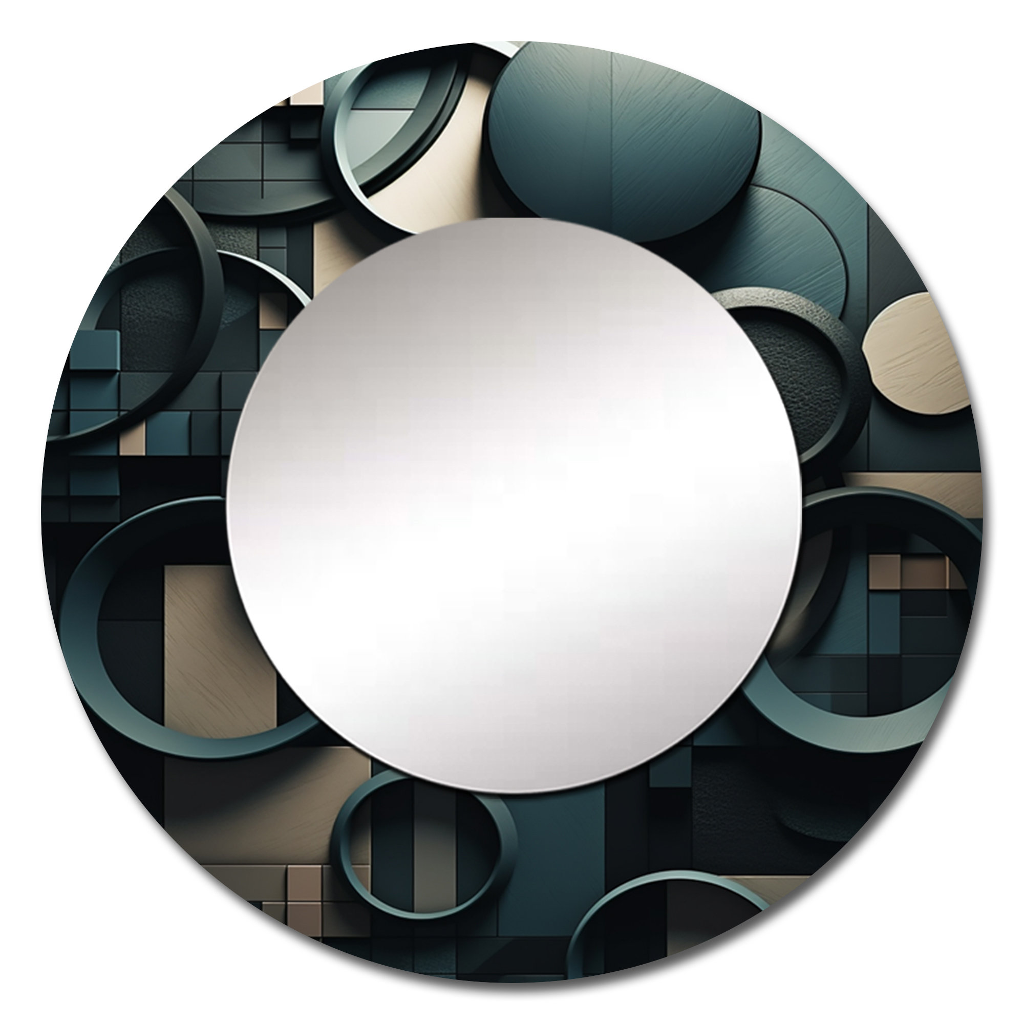 Design Art Teal Fragmented Forms - Cubism Mirror, Modern Round Unique ...