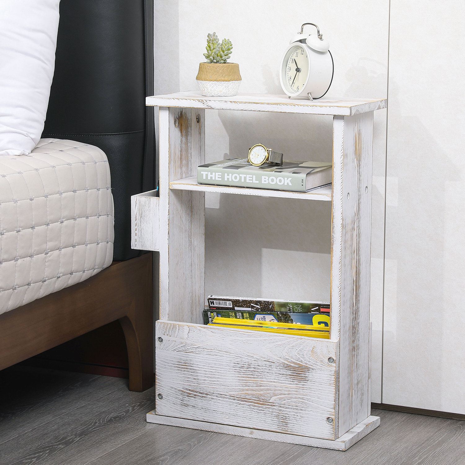 Ebern Designs Kaydie Solid Wood Bed Side Night Stand with Magazine ...