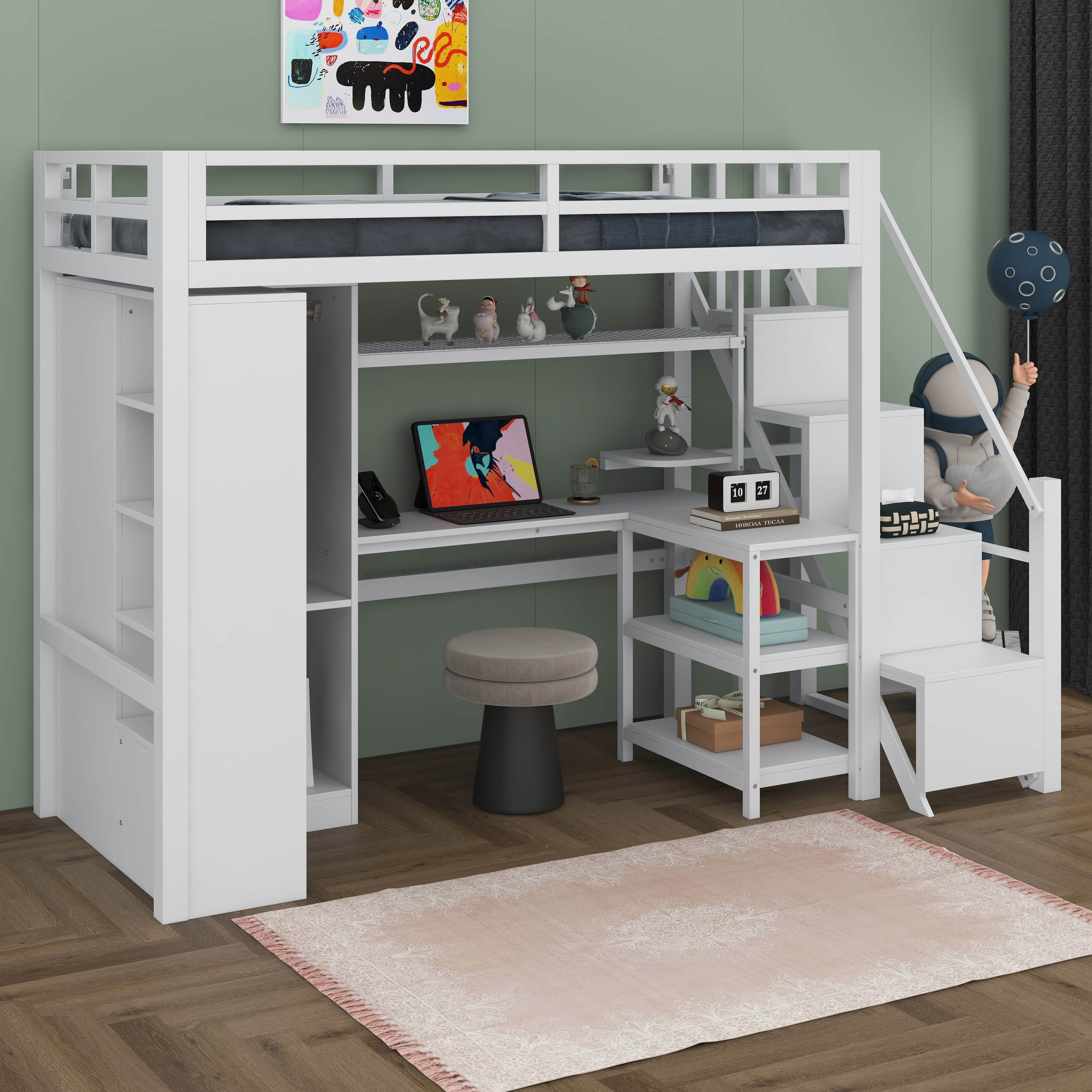 Isabelle & Max™ Metal Loft Bed With Desk, USB Ports, 5-Layer Shelf ...