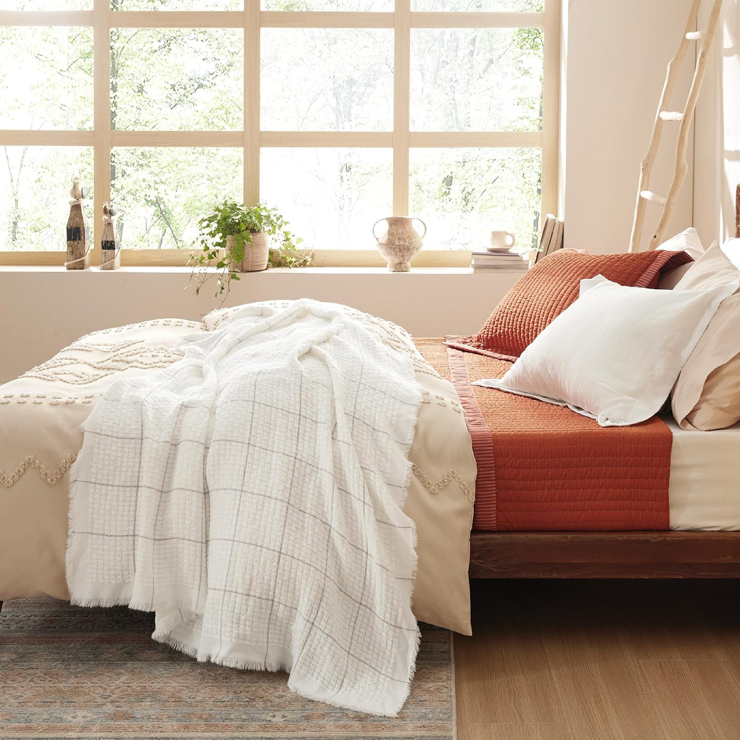 AMIPOR Cream Throw Blanket For Bed - White Decorative Woven Throw ...