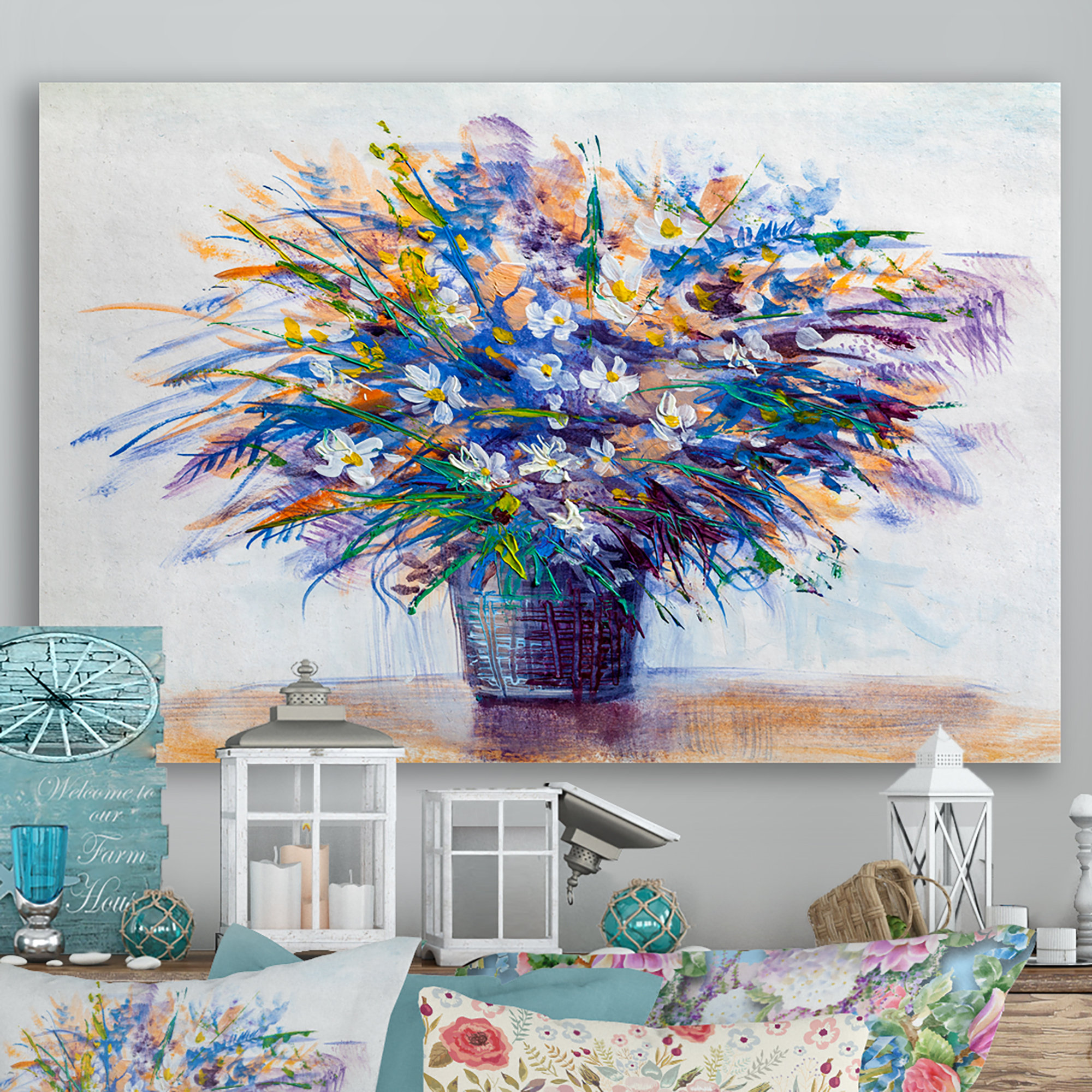 Winston Porter Multi And Blue Flower Vase - Floater Frame Print on ...