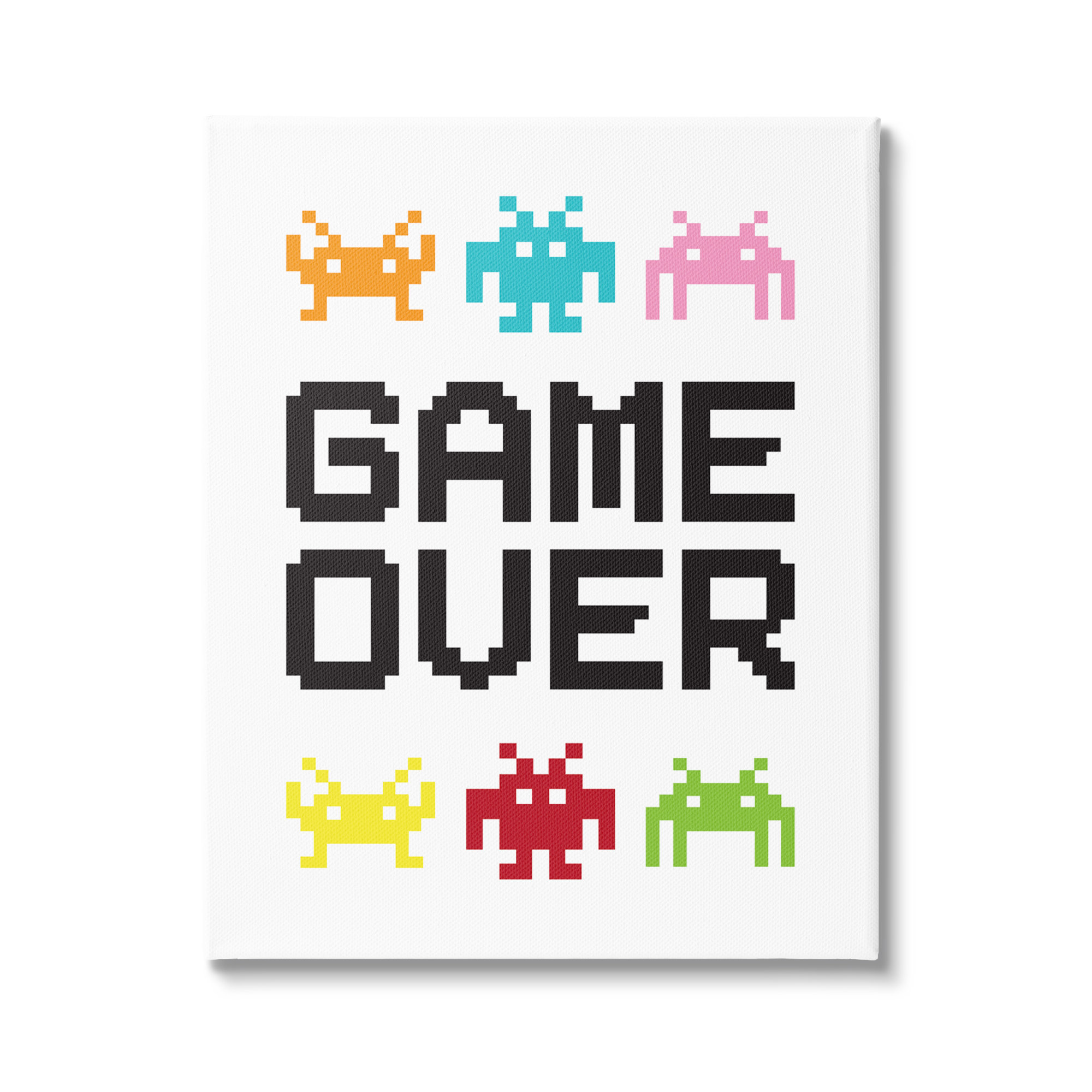 Stupell Industries Game Over Phrase Retro Pixel Monster Sprites White ...