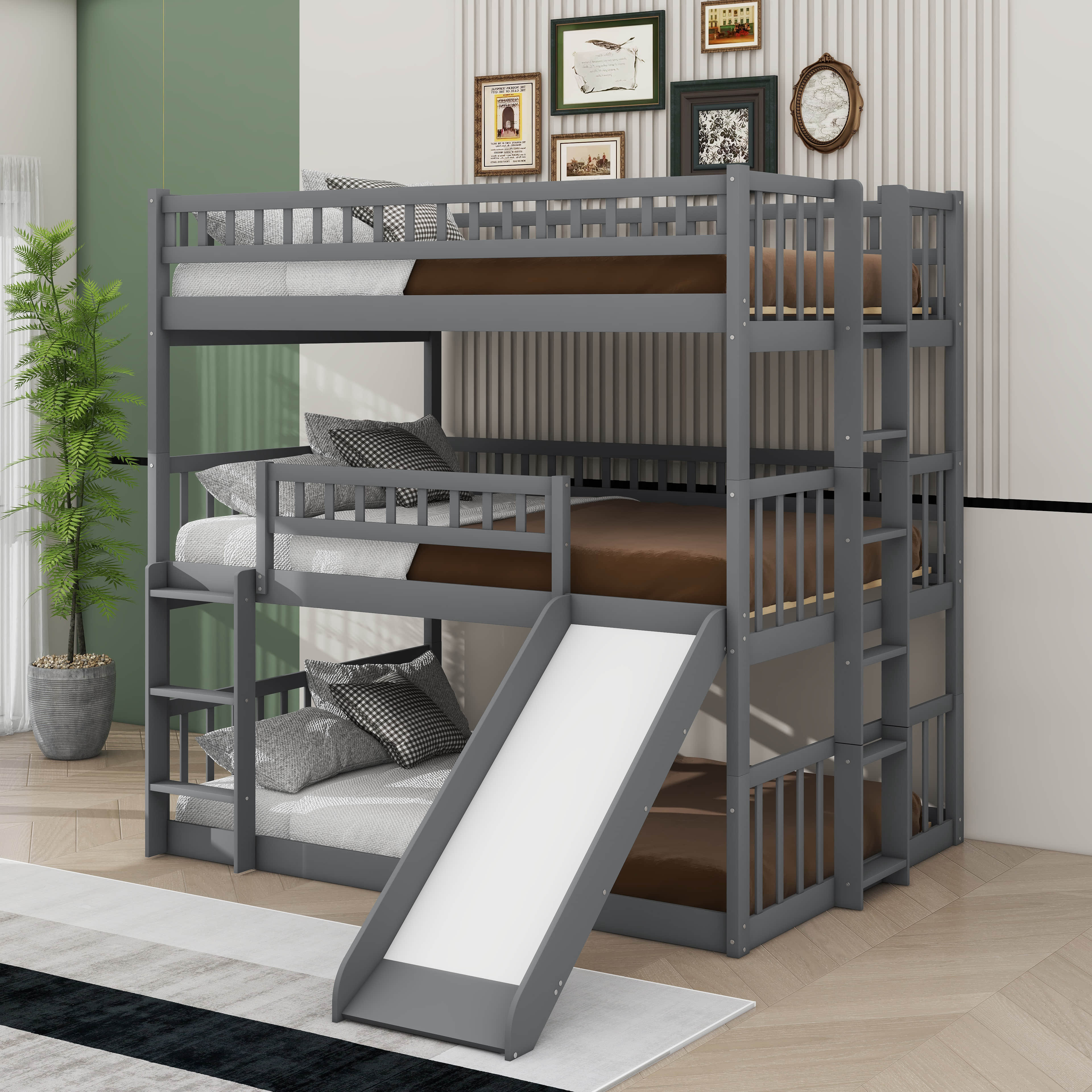 Harriet Bee Triple Full-Size Stacked Bunk Bed With Built-In Ladder And ...