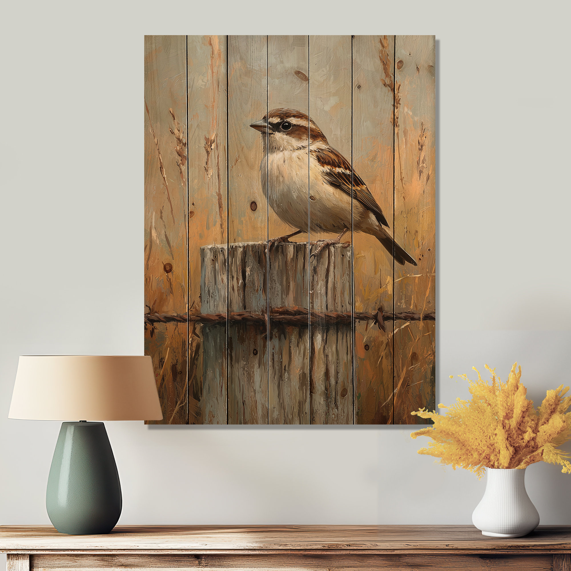 Ophelia & Co. Sparrow Bird On The Farm Fence II - Bird Wood Print - On ...