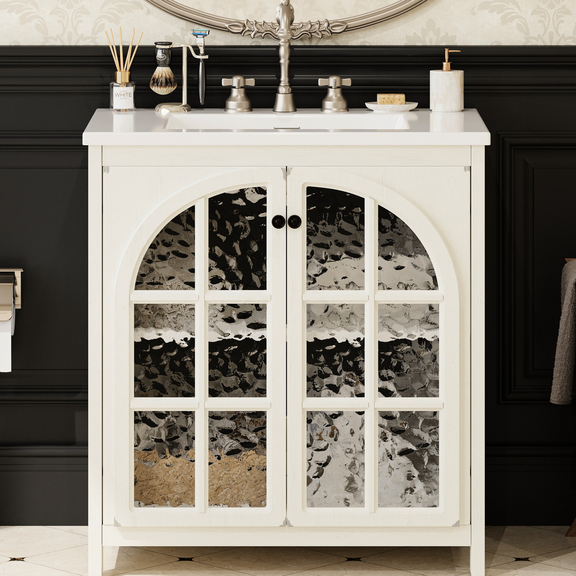 Hokku Designs 31" Antique White Bathroom Vanity With Adjustable Shelves ...