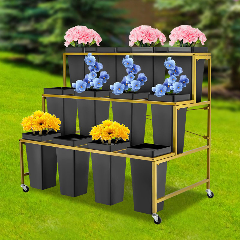Everly Quinn 3-tier Metal Plant Stand with 12 Flower Buckets and Wheels ...