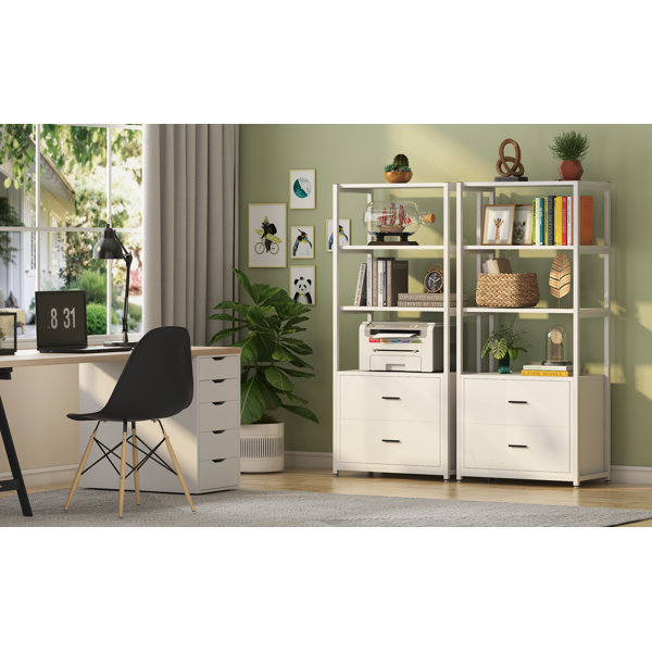 Latitude Run® Bookcase, 4-Tier White Bookshelf With 2 Drawers, Etagere ...