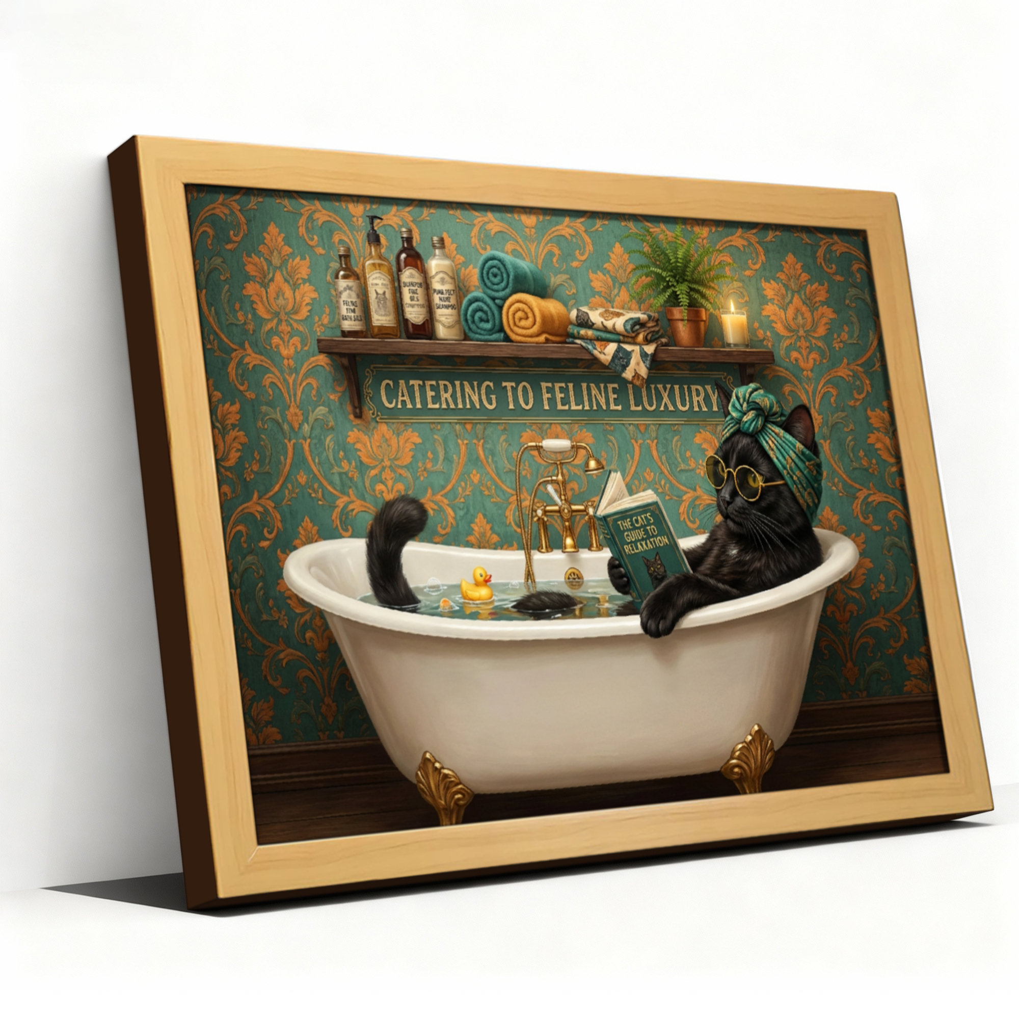 Winston Porter Black Cat In Bathtub Reading Book Canvas Wrapped Wall ...