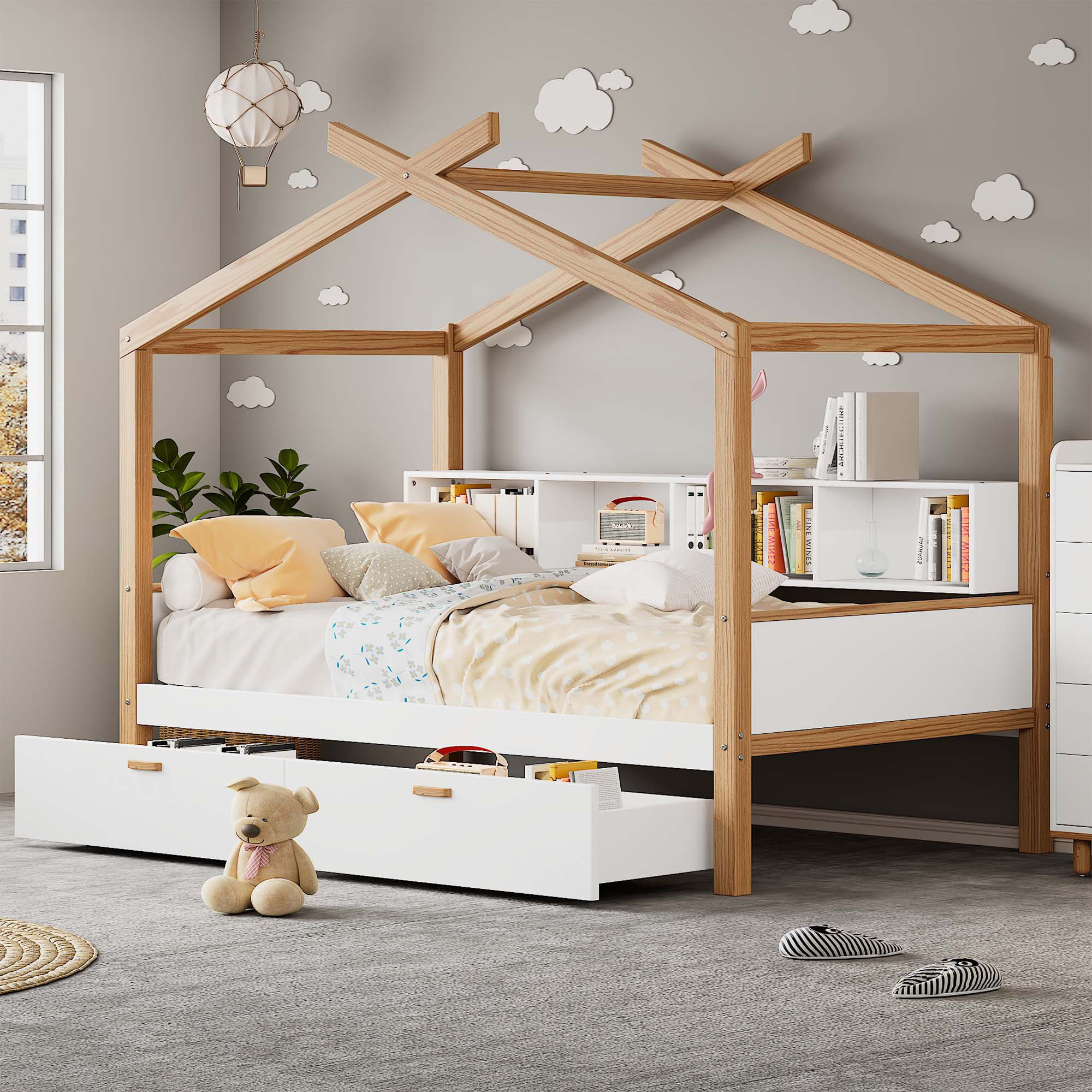 Harper Orchard Wooden House Bed Original Wood Colored Frame With Two ...