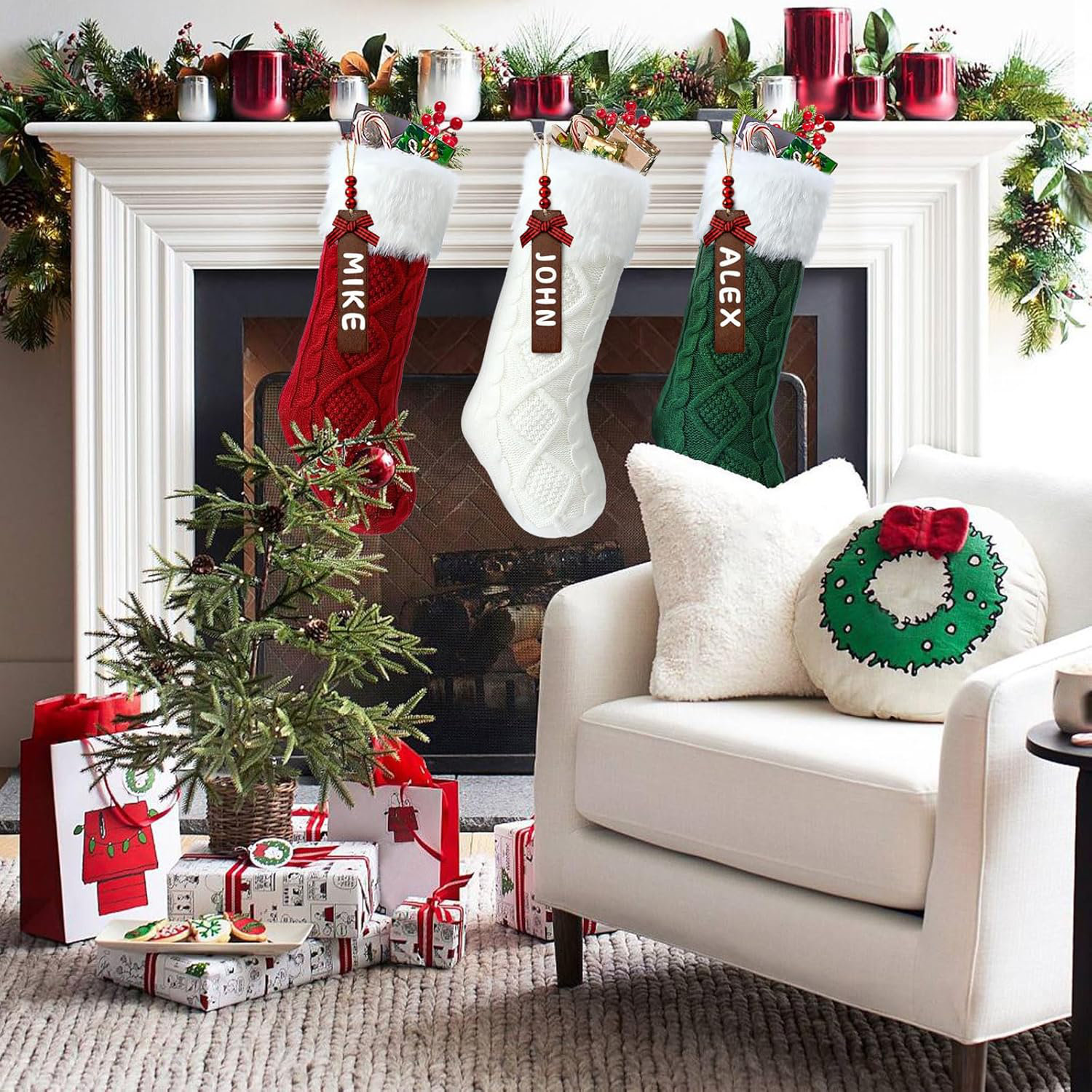 MABOSY Large Kids Christmas Stocking Bags Hanging Socks With Name Tags ...