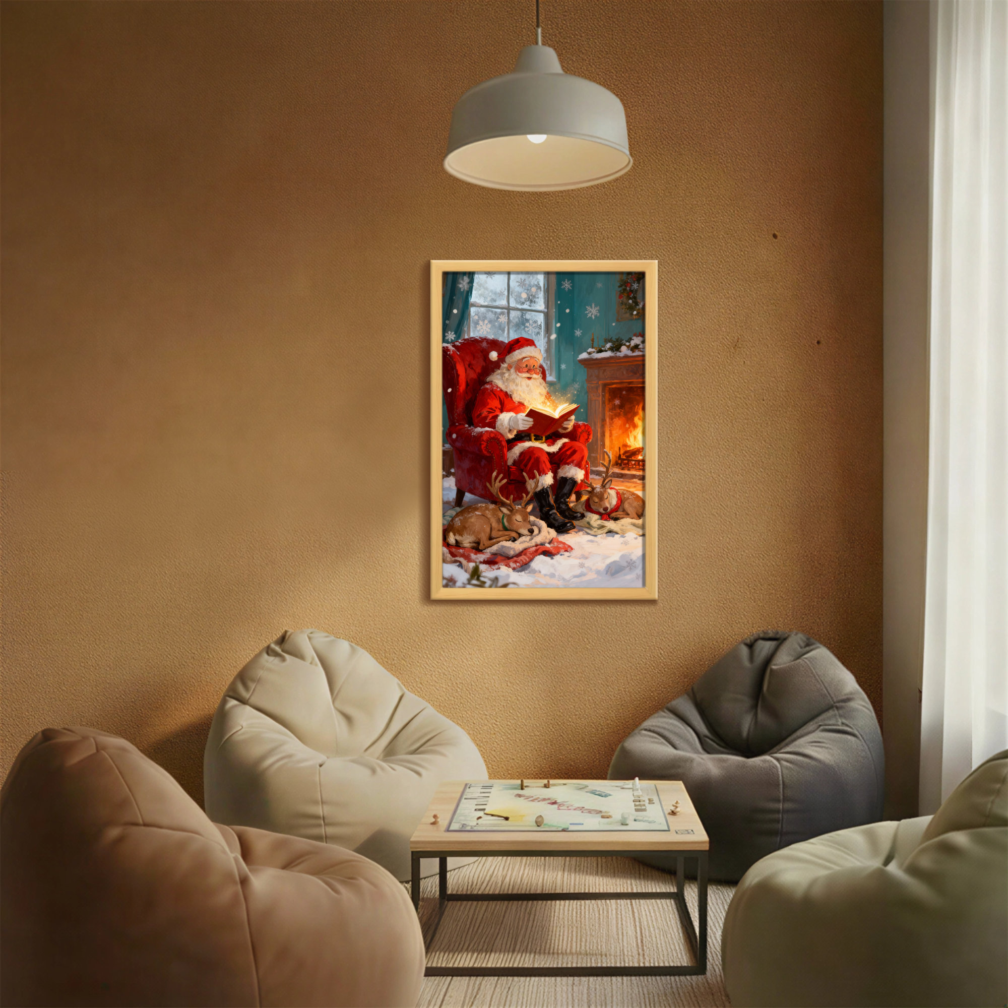 Canora Grey Christmas Santa Reading Book With Reindeer By Fireplace ...