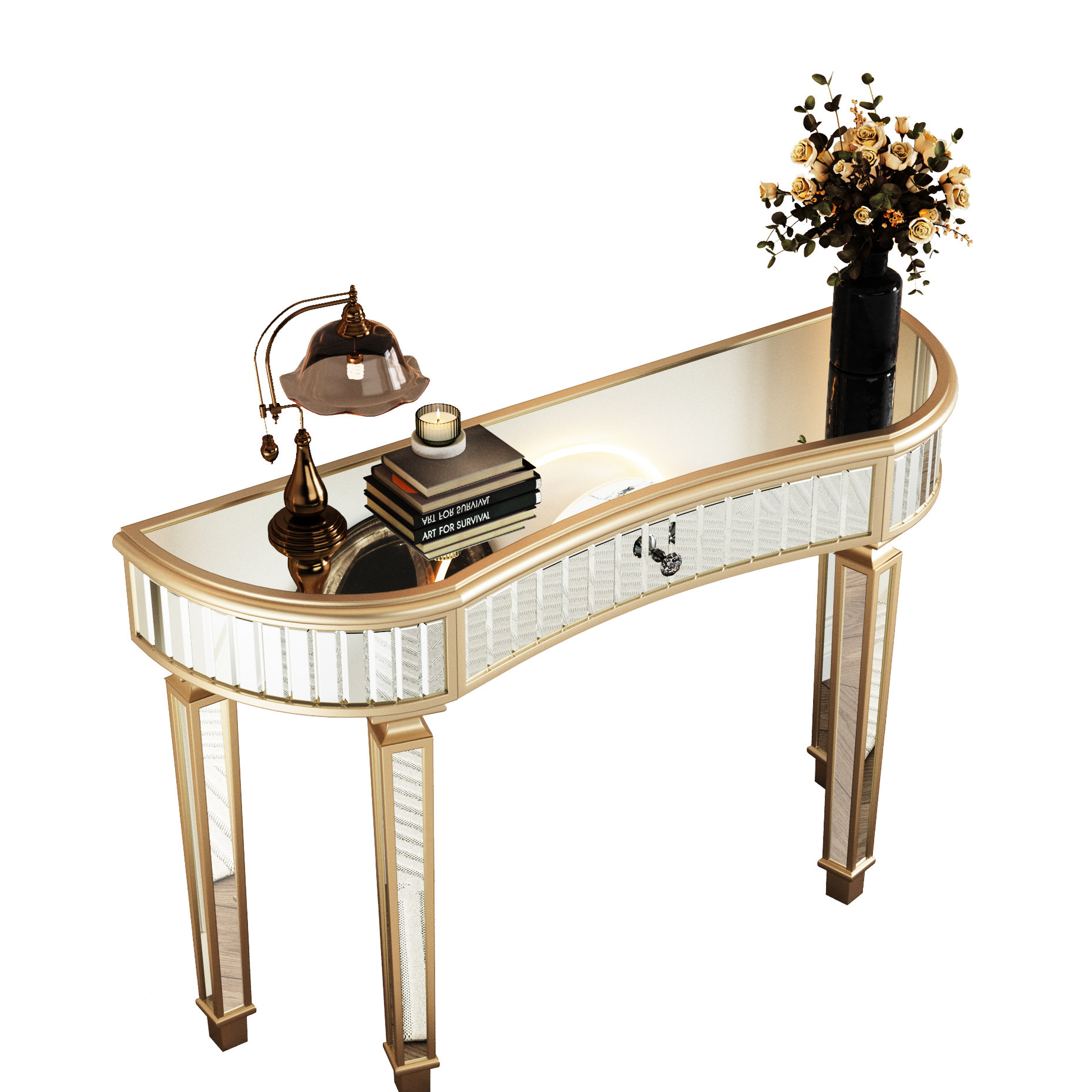 Mercer41 47" Mirrored Console Desk With Fluted Glass And Crystal Knob ...