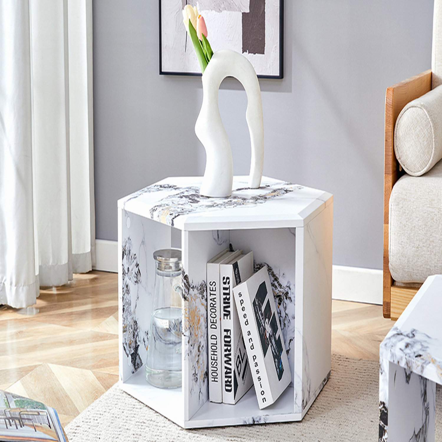 Ivy Bronx Hexagonal MDF coffee table, marble pattern stickers, multi ...