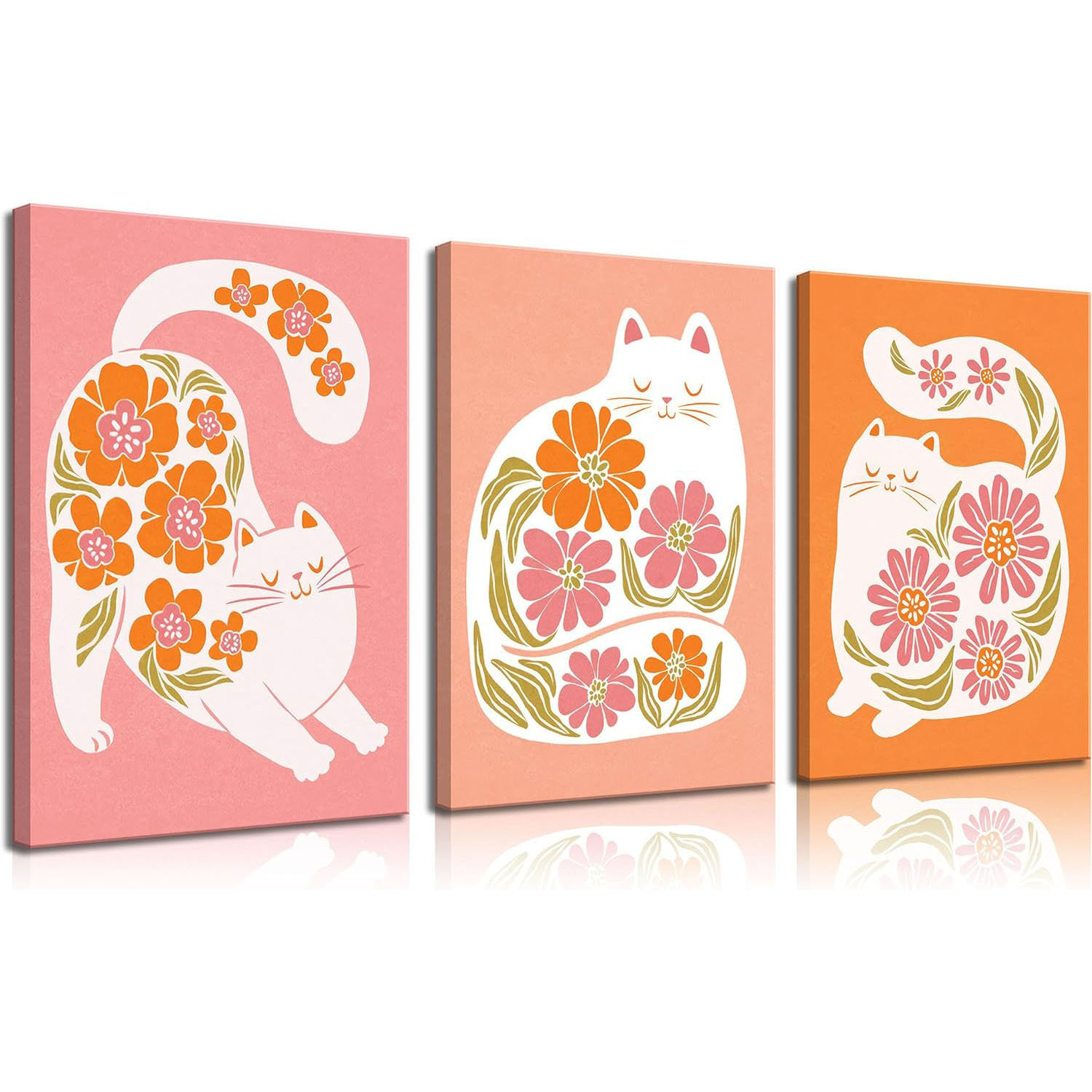 Red Barrel Studio® 3Pcs Boho Cats Canvas Wall Art Funny Cat Wall Decor ...