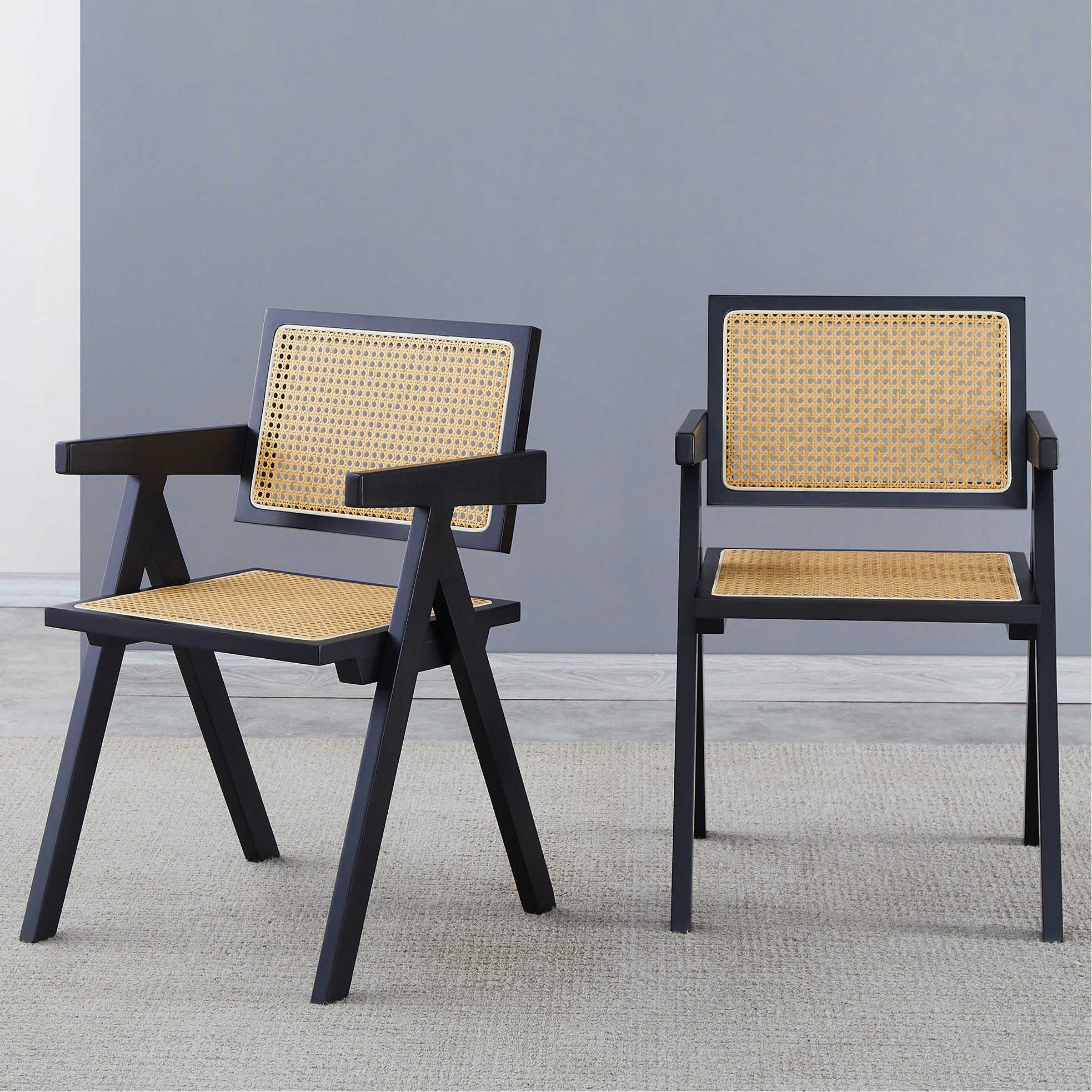 George Oliver 2 Armrest Solid Wood Dining Chairs, Rubber With Weaving ...