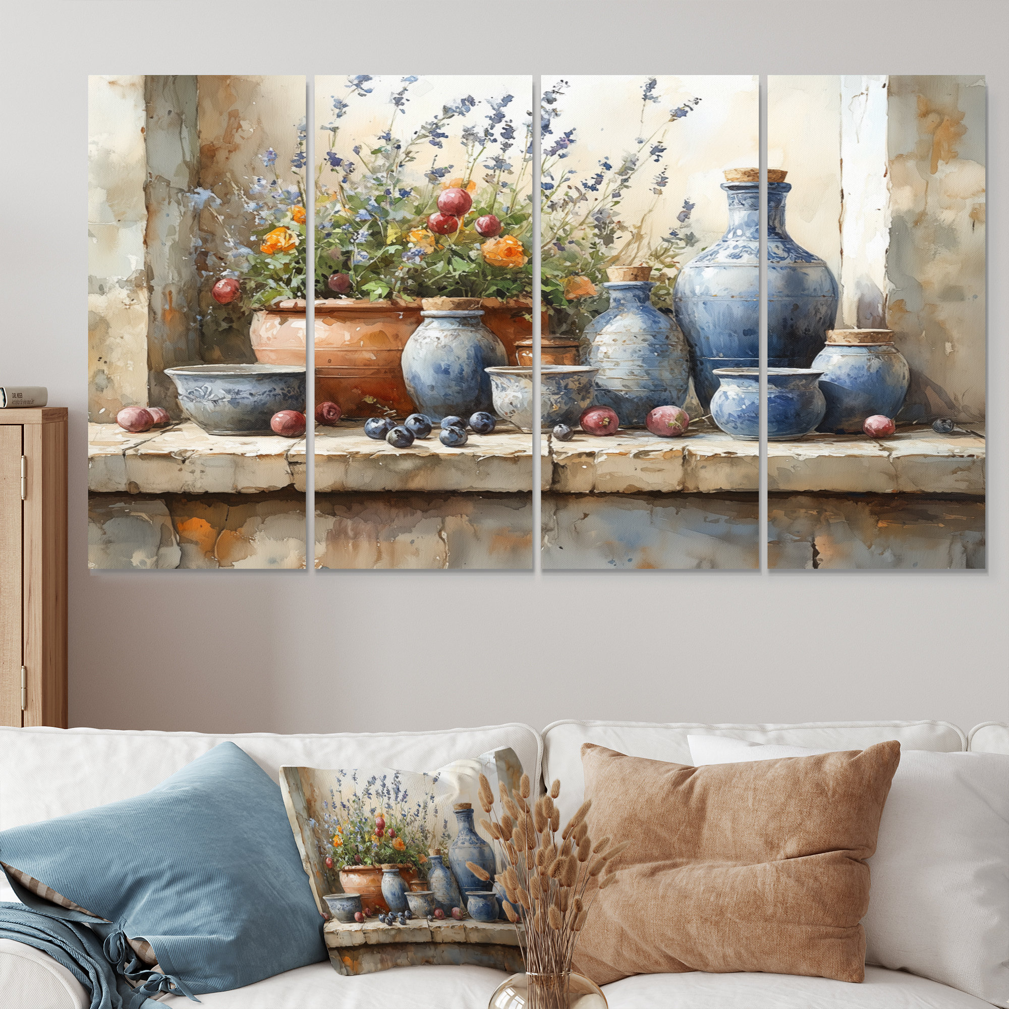 Lark Manor Floral Blue Potteries At The Farm II - Boho Pottery Wall Art ...