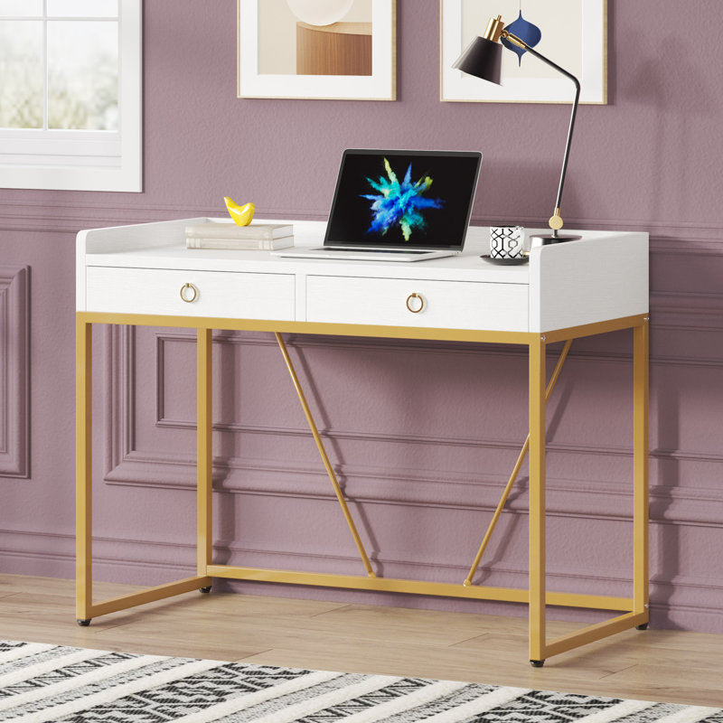 Everly Quinn White and Gold Computer Desk with 2 Drawers & Reviews ...