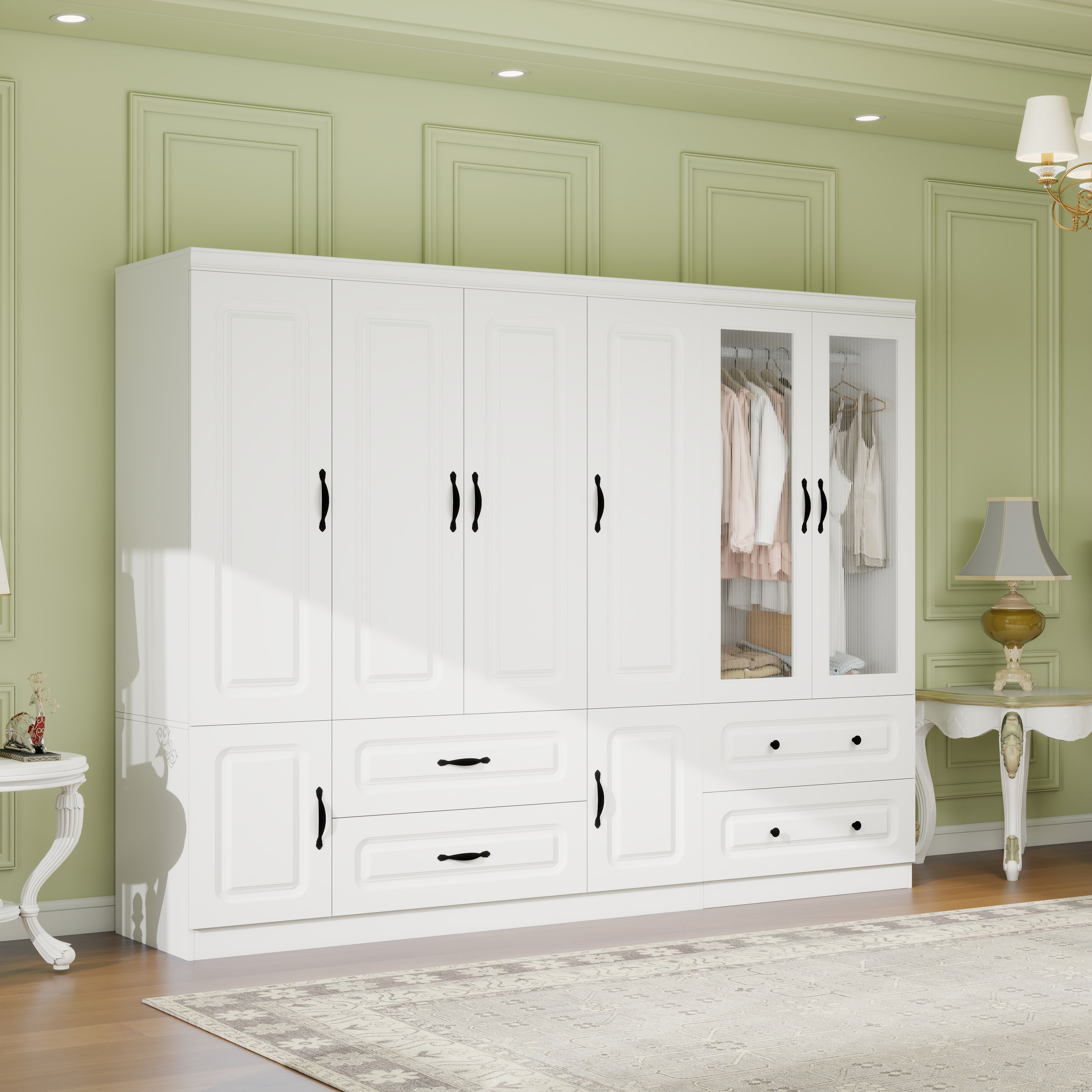 Latitude Run® 6-Door White Armoire Wardrobe Closet with Black Handles ...