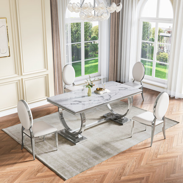 House of Hampton® 5-Piece Modern Faux Marble Dining Room Set Of 4,With ...