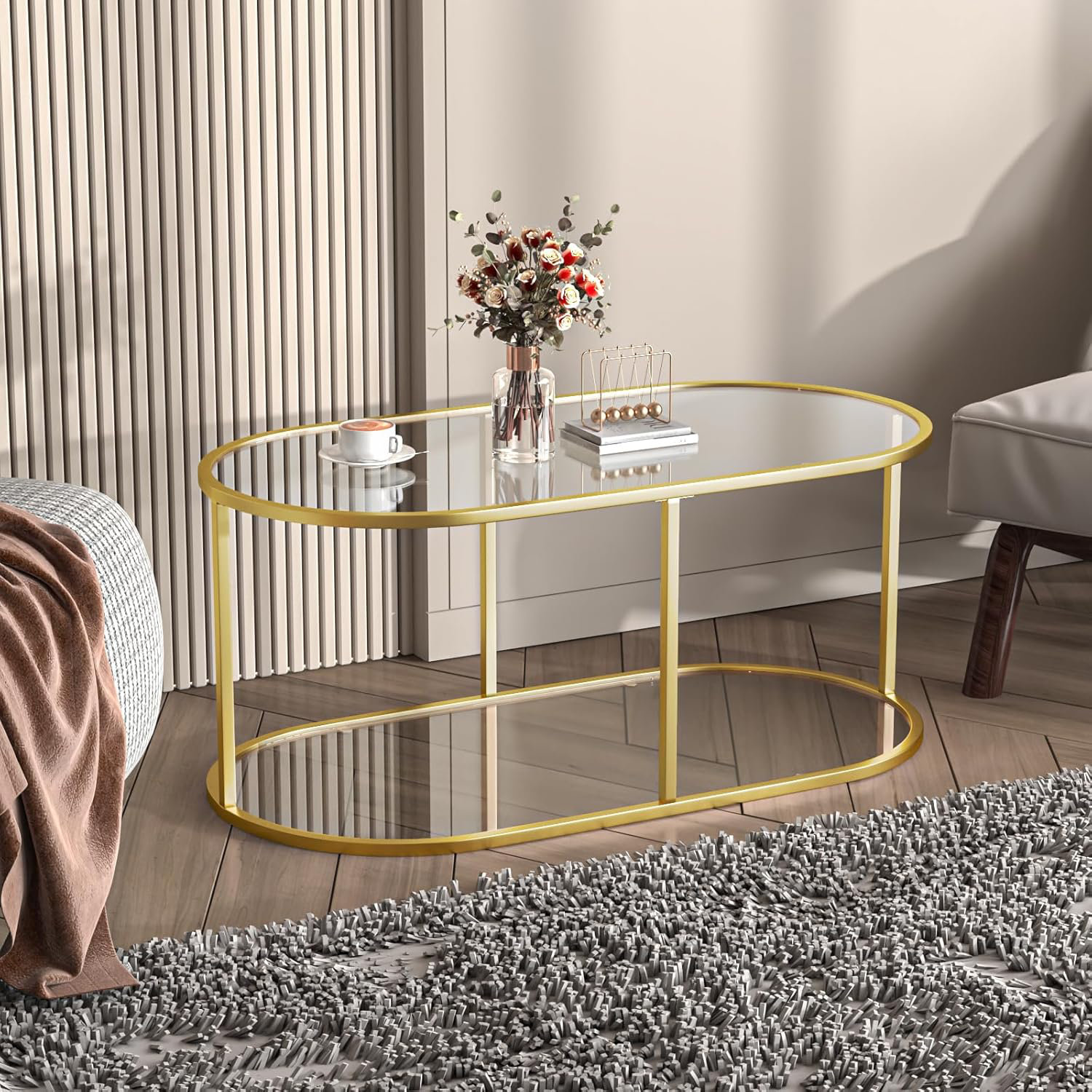 Mercer41 Coffee Table Gold Glass Coffee Table For Living Room,2 Tiers ...