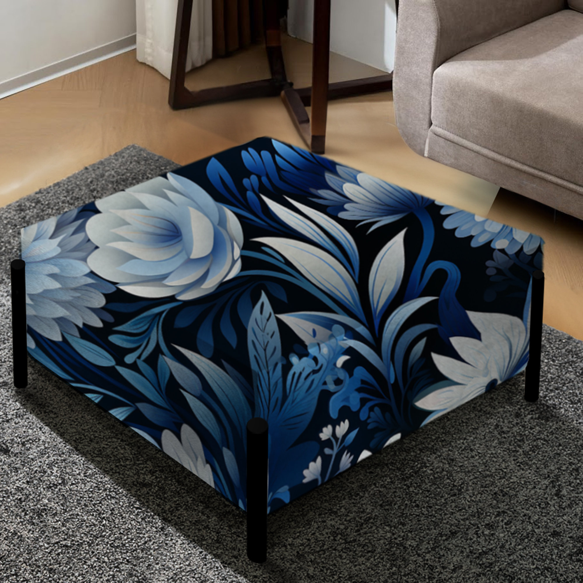 Design Art Russian Blue And White Flowers Reflections - Botanical Large Square Ottoman - Wayfair ...
