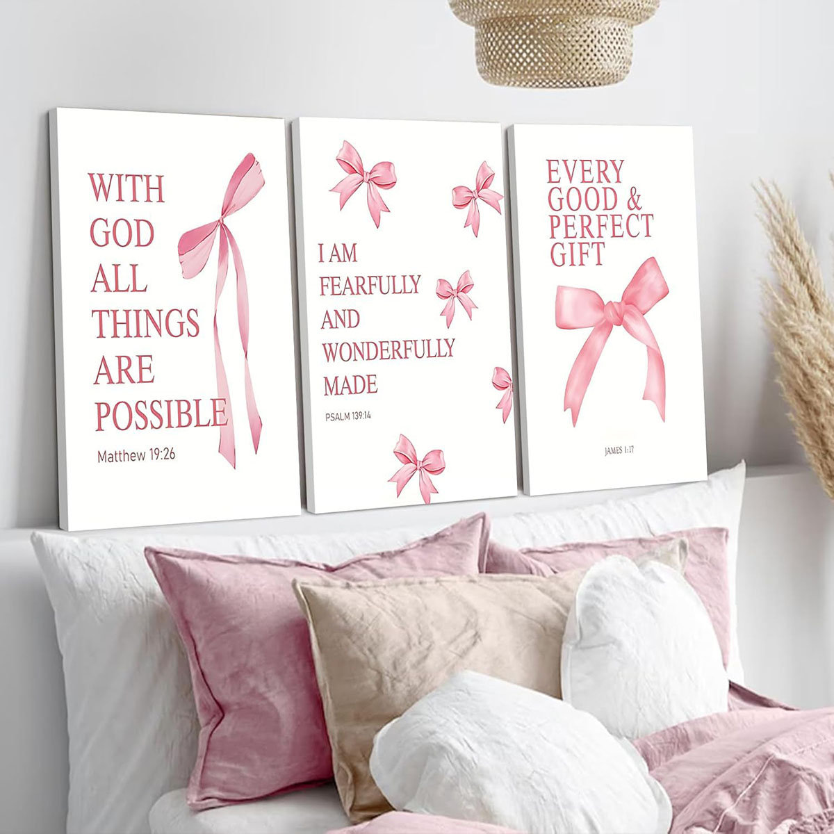 Trinx Coquette Pink Bow Canvas Wall Art Set Of 3 Inspirational Bible ...