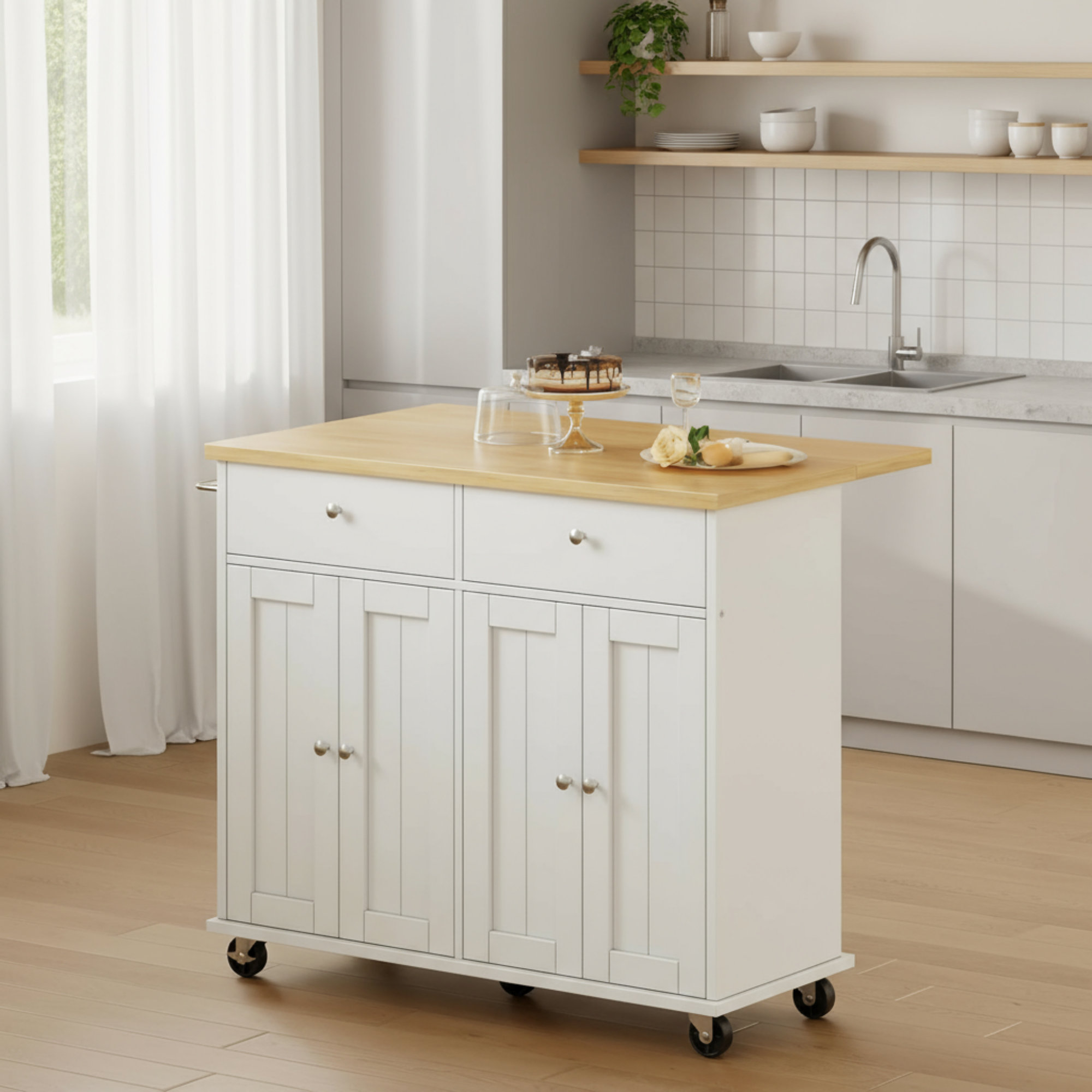Red Barrel Studio® White Wheeled Kitchen Trolley With Folding Table And ...