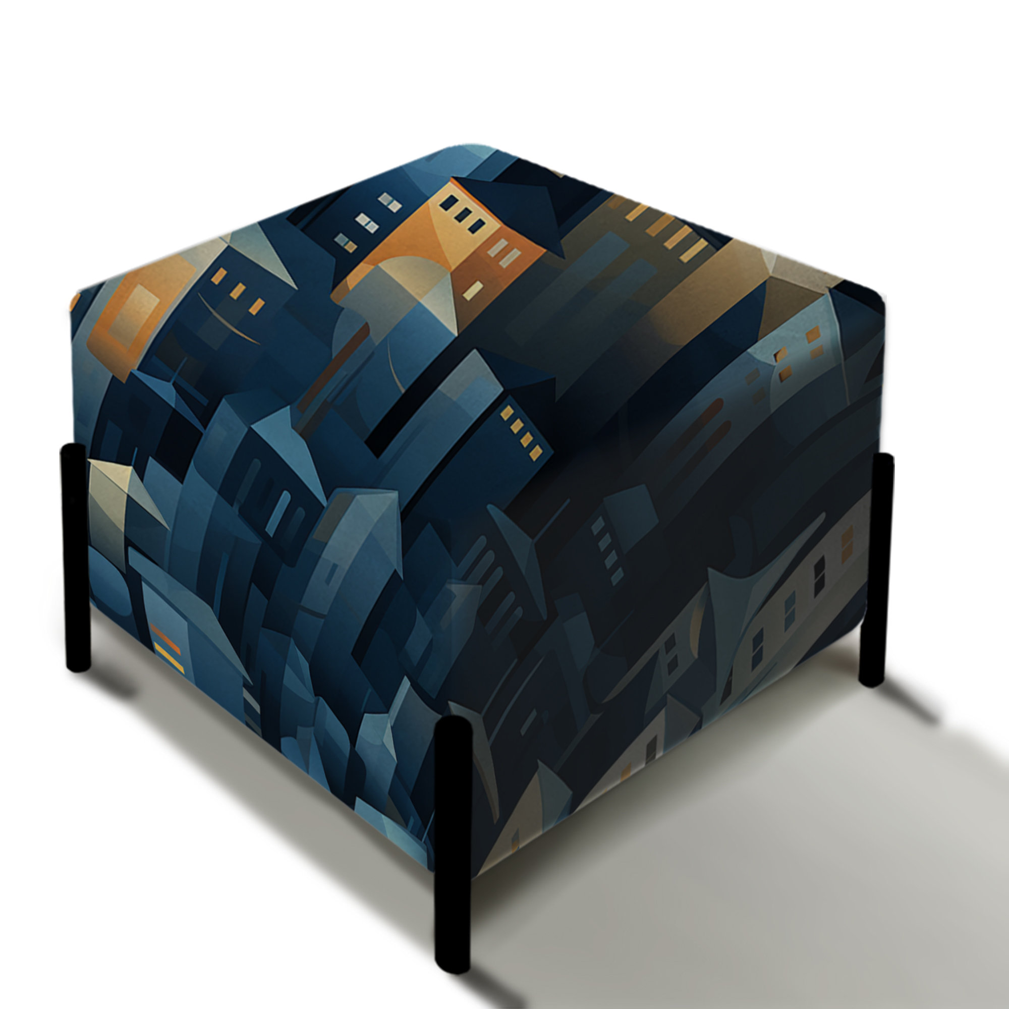 Design Art Beige And Blue Cityscape Pattern - Geometric Square Ottoman ...