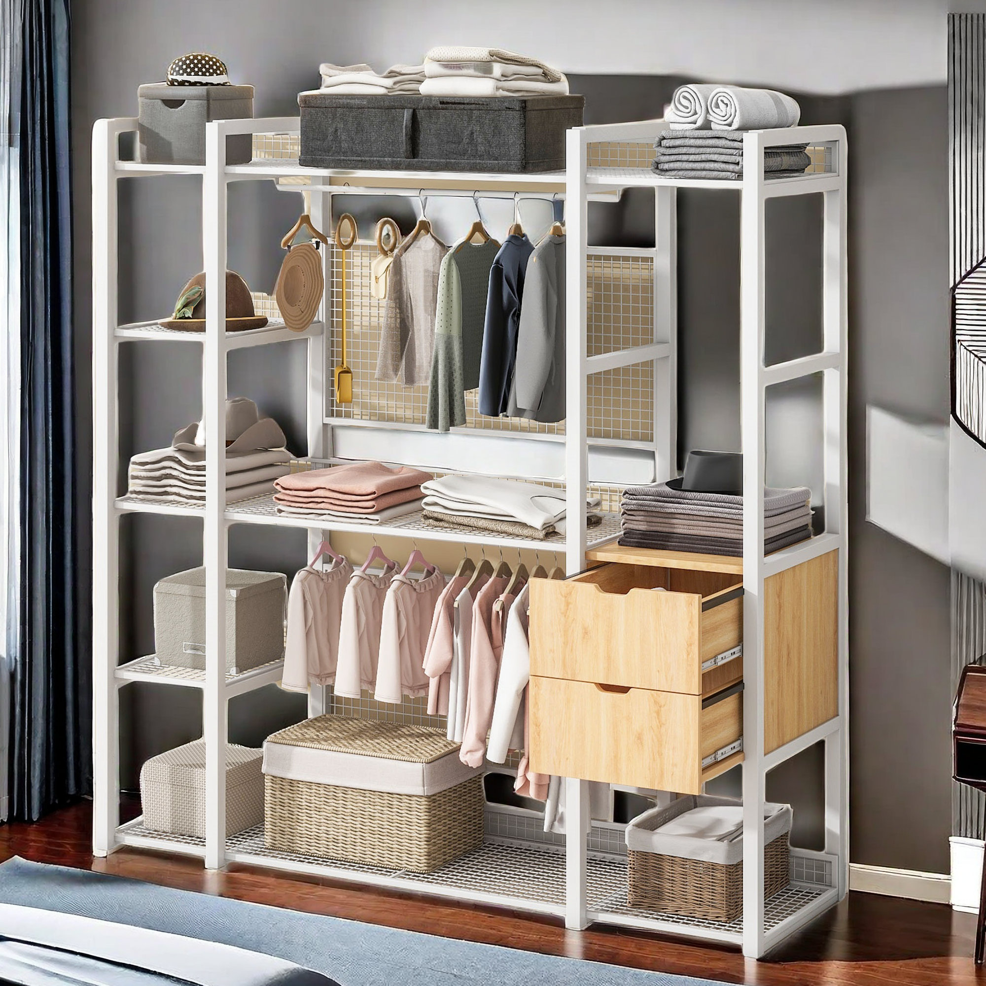 Rebrilliant Open-style Metal Wardrobe With Hanging Rails, Shelves And 2 ...