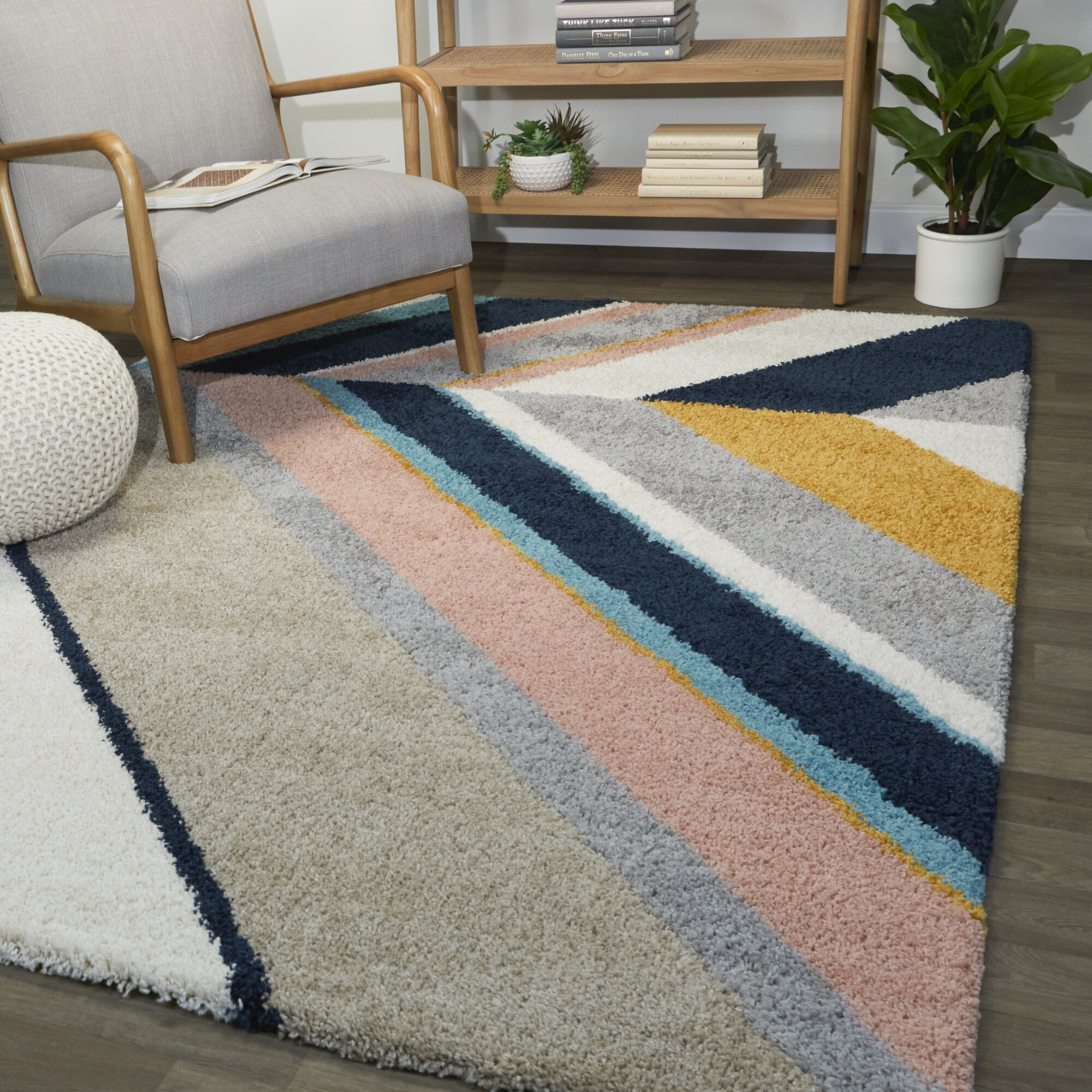 Orren Ellis Luckner Geometric Cream Shag Area Rug | Wayfair