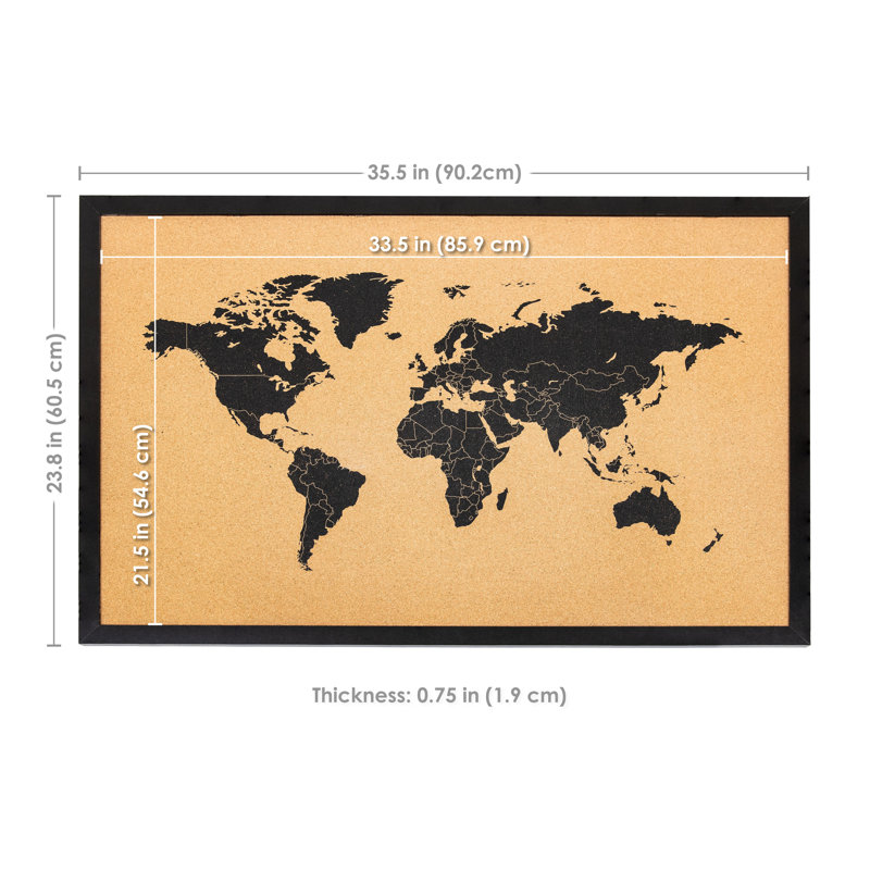 17 Stories Printed Cork Board World Map with MDF Frame and Pushpins ...