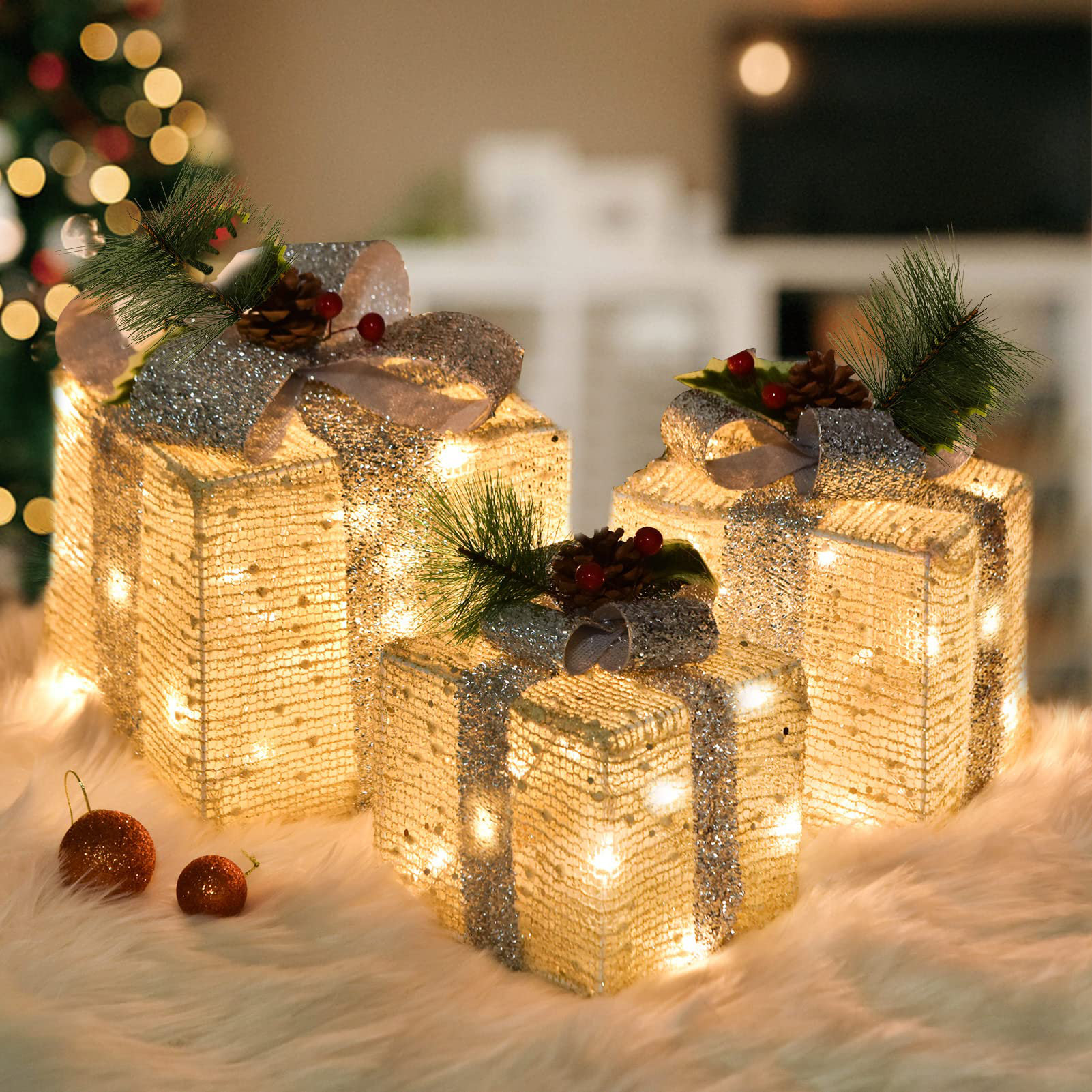 Ophelia & Co. Set Of 3 LED Gift Boxes Christmas Boxes With Green Bows ...