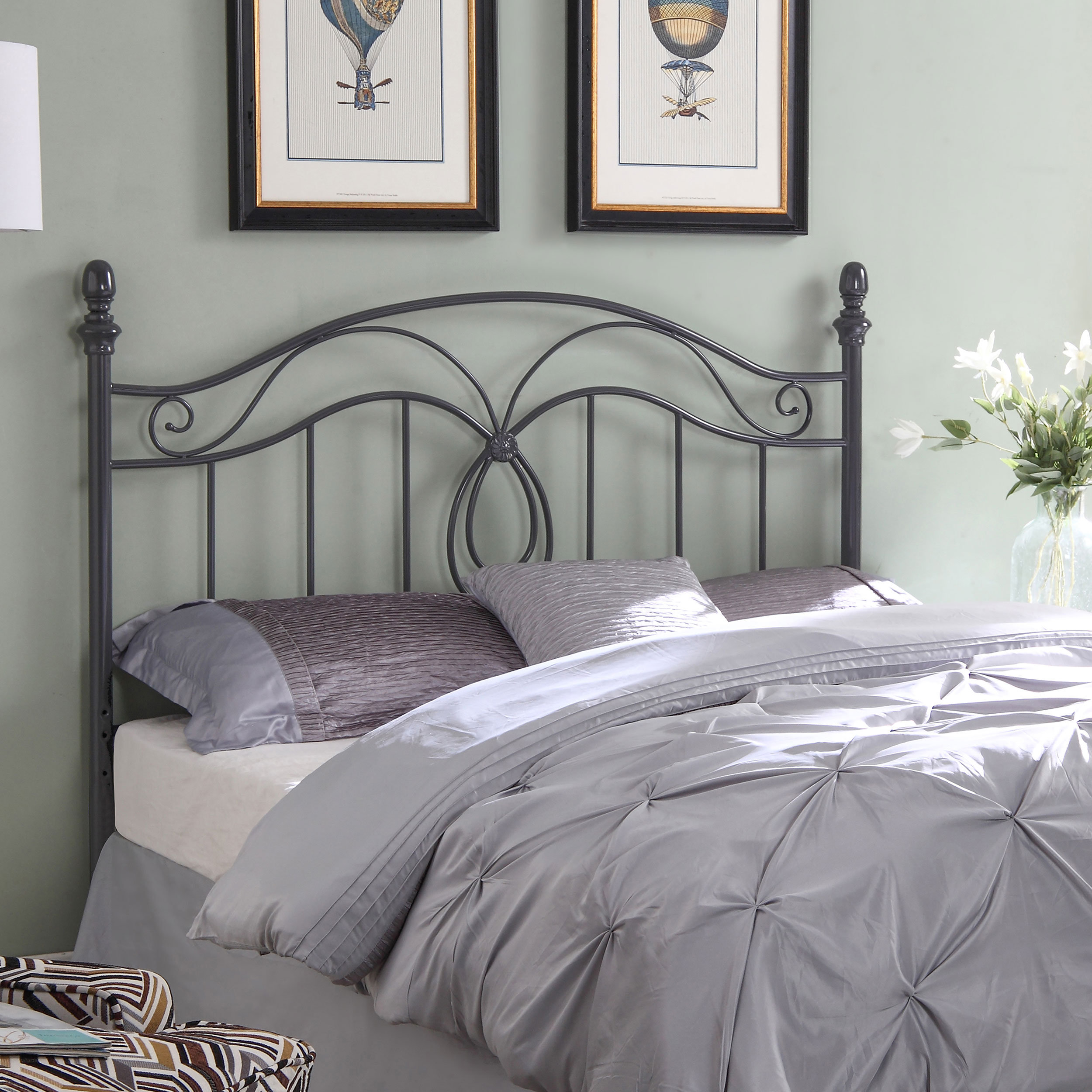 Charlton Home® Dury Queen / Full Scroll Metal Headboard Dark Grey | Wayfair