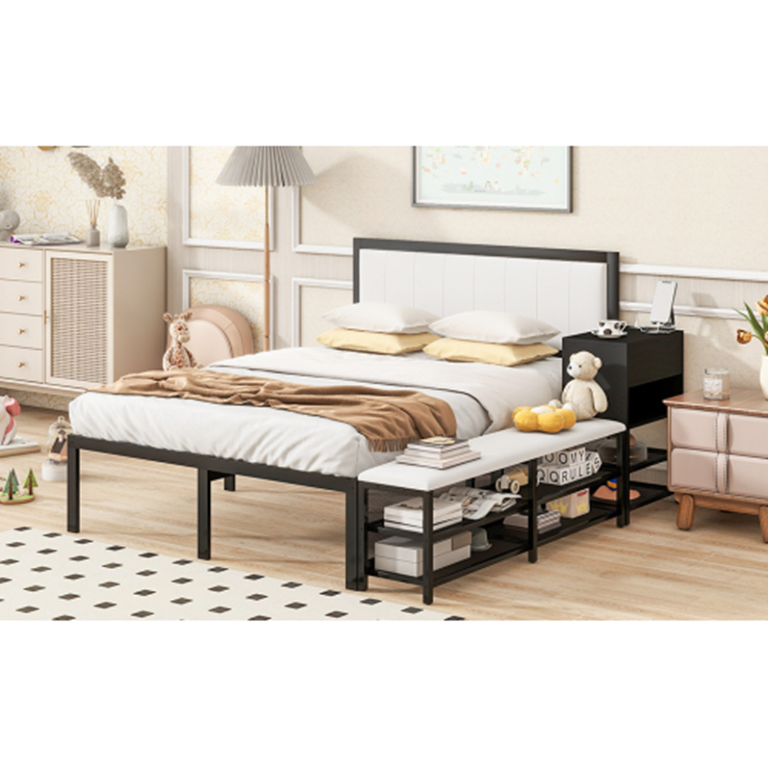 Hokku Designs Metal Platform Bed with Two-Tier Storage Shelves, Wooden ...