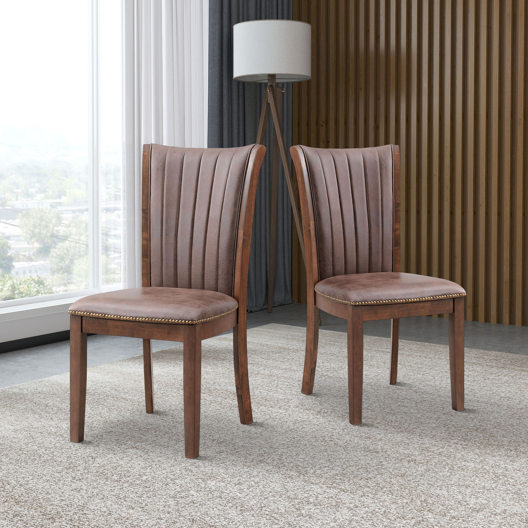 Kossmai Set of 2 High-Back Kitchen Chairs with Rubber Wood Frame Brown ...