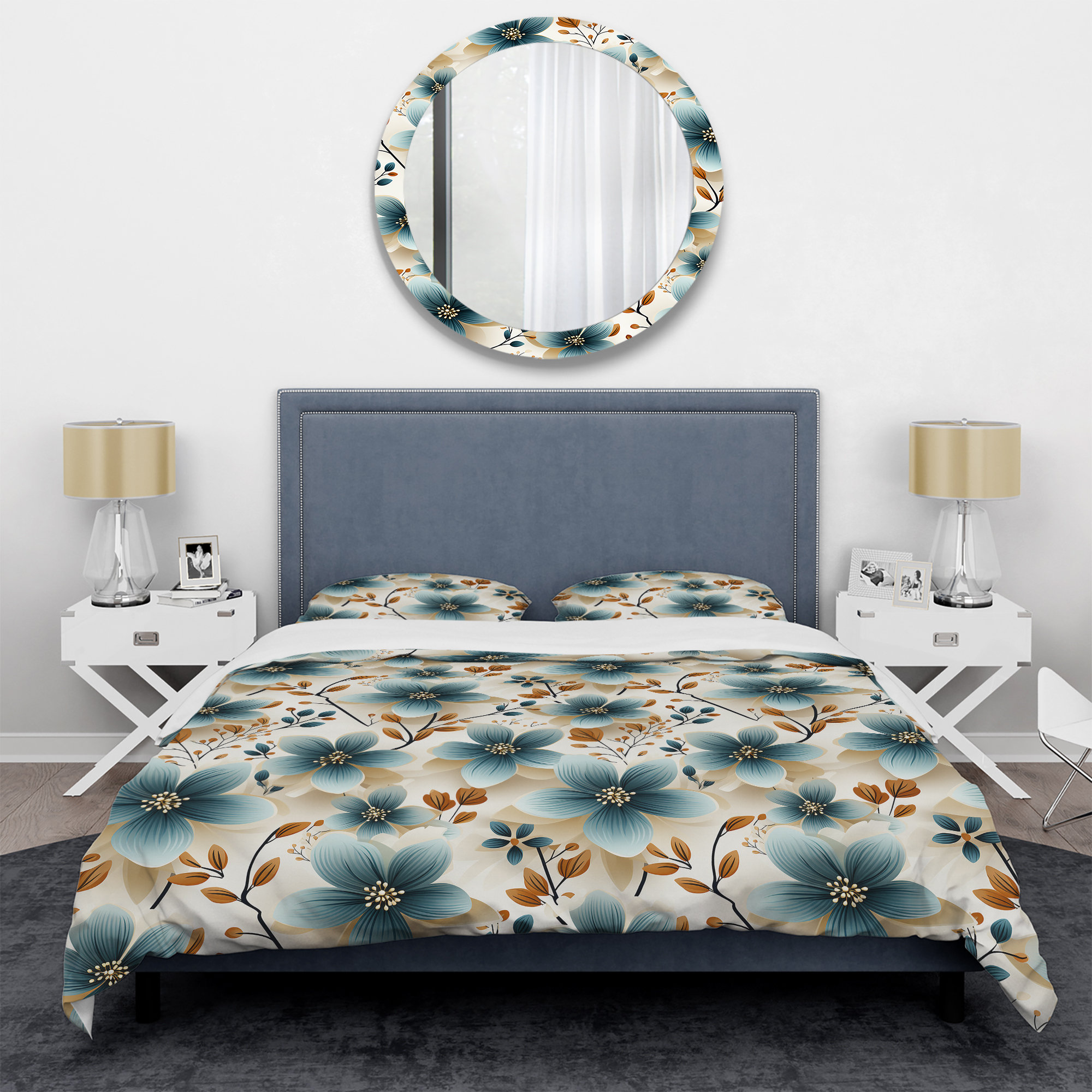 Design Art Vintage Romance Teal Marvel Blooms - Floral Duvet Cover Set ...