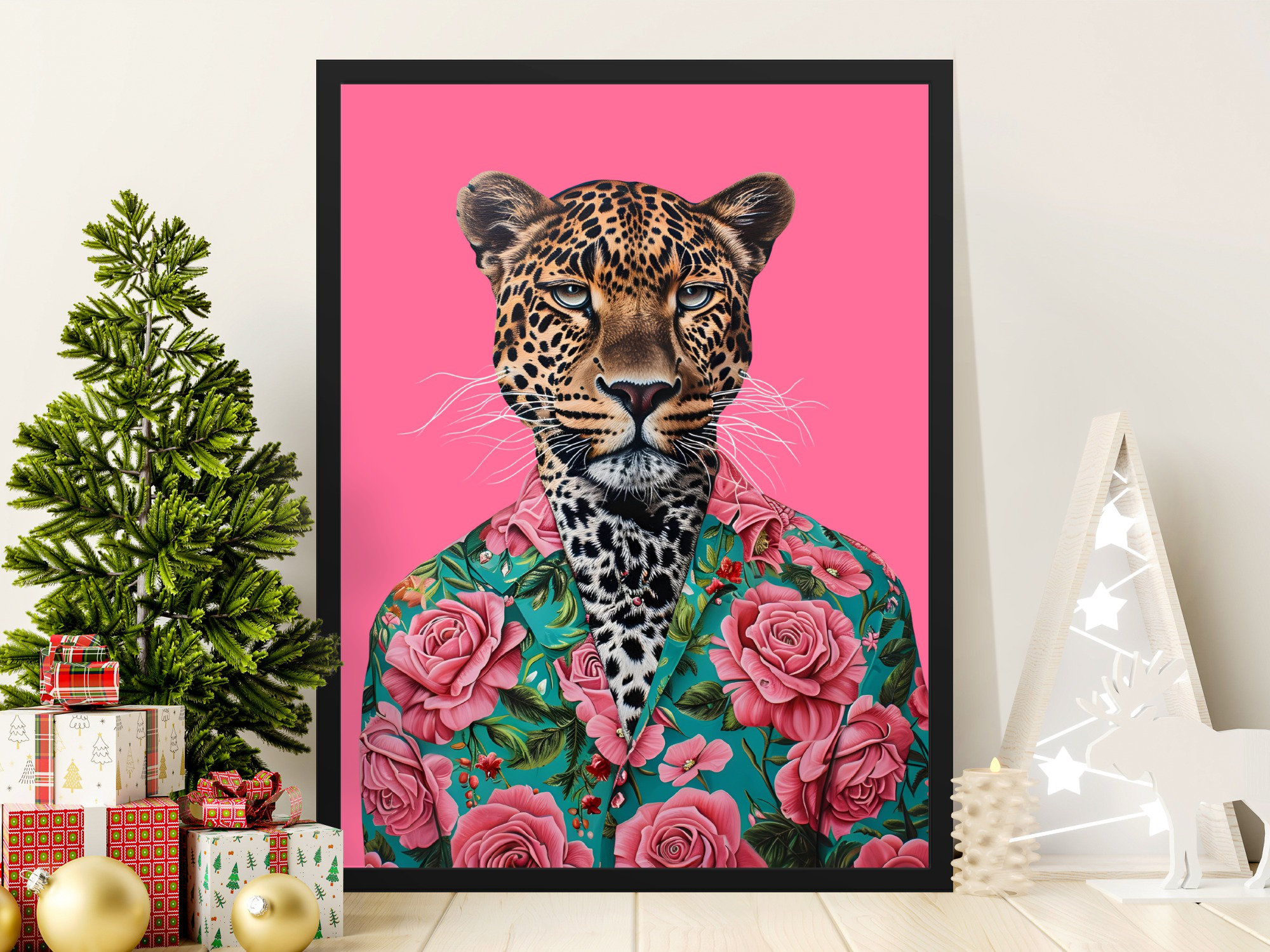 Happy Larry Leopard Wall Art, Floral Shirt Poster, Animal Portrait ...