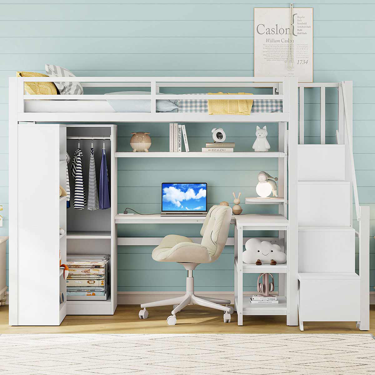 Orren Ellis Metal Loft Bed With L-Shaped Desk, 5-Layer Shelves ...