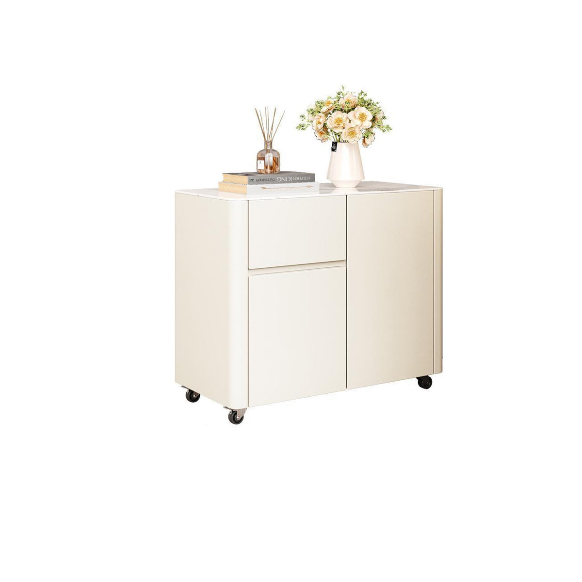 SINNOG Cream White Solid Wood Lacquered Rolling Sofa Side Table | Wayfair